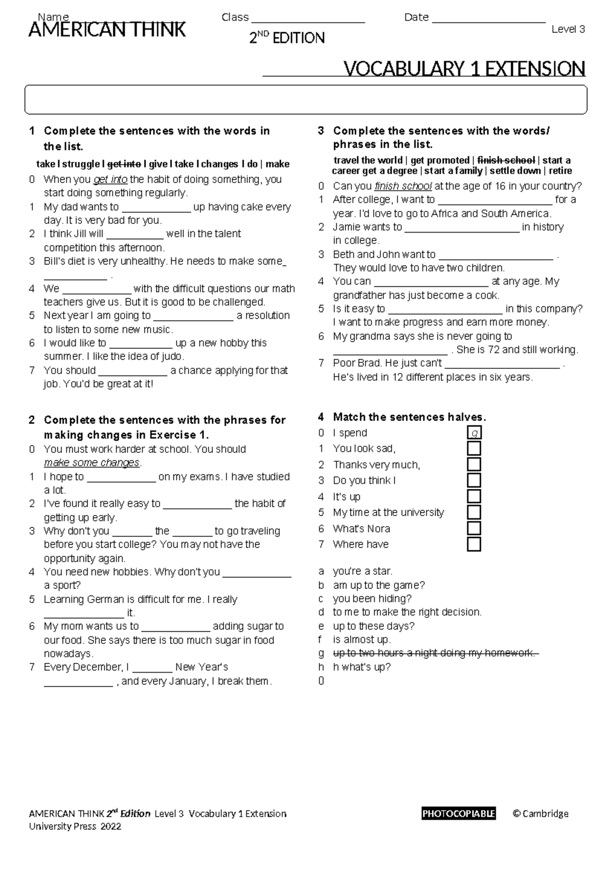 Thk2e Am E L3 Vocabulary Extension Unit 1 - AMERICAN THINK VOCABULARY 1 ...