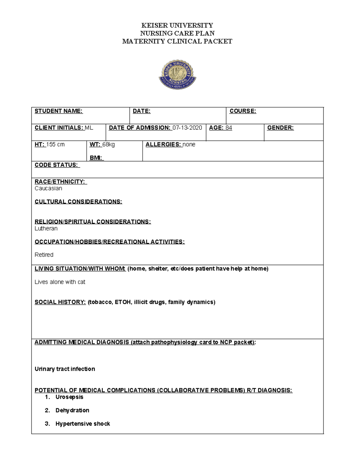 Care plan vsim uti - Sim - NURSING CARE PLAN MATERNITY CLINICAL PACKET ...