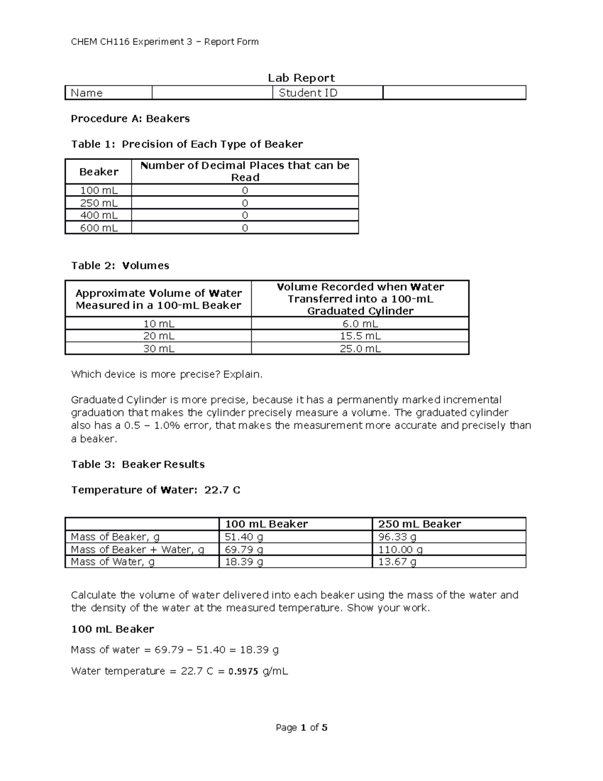 CHEM CH116 Experiment 3 Reading Scale Exercise - Lab Report Name ...