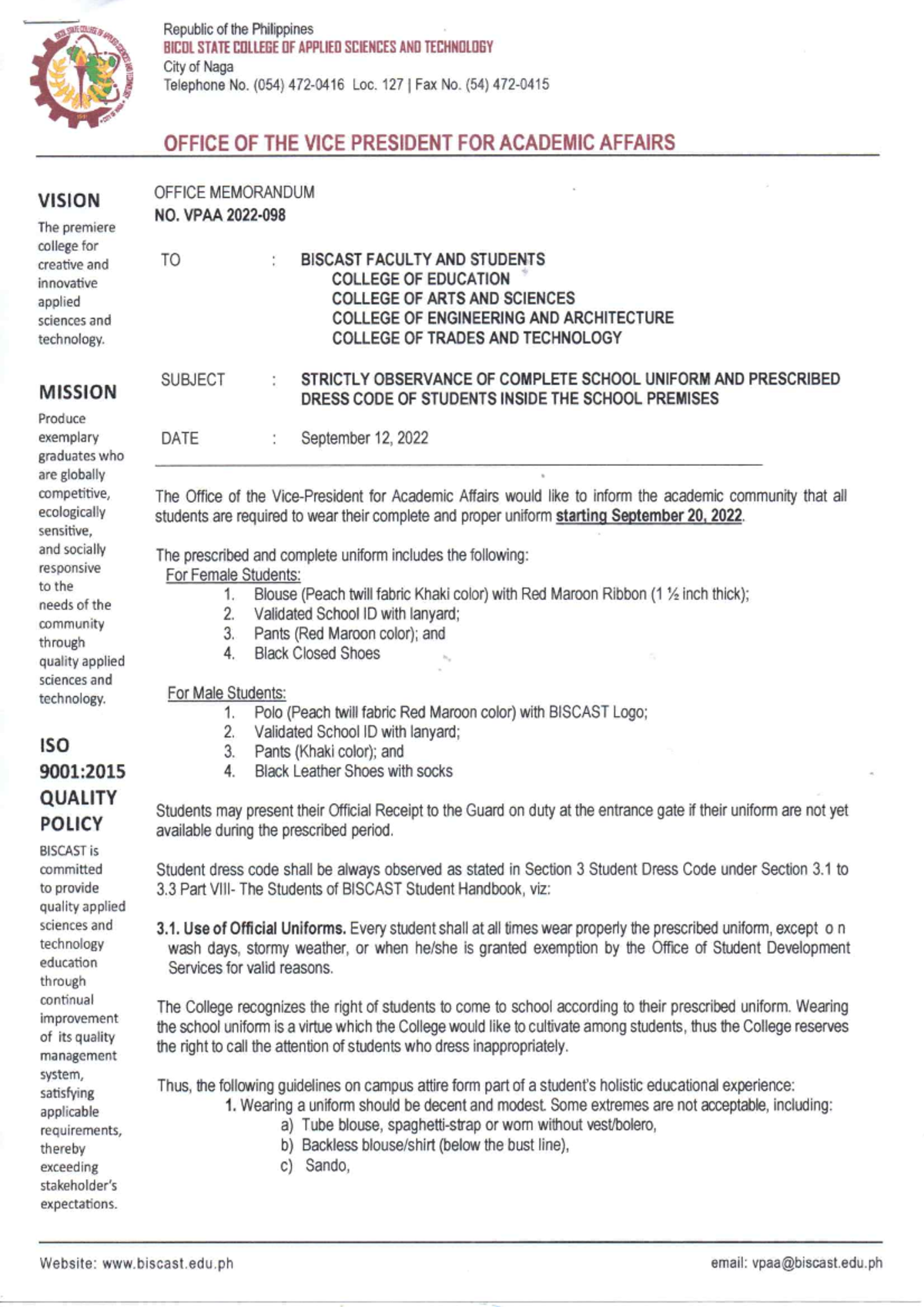 VPAA-2022-098 Strictly Observance of complete school uniform and ...