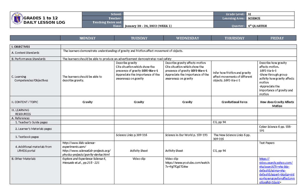 Science 6 Q4 W1 - n/a - GRADES 1 to 12 DAILY LESSON LOG School: Grade ...