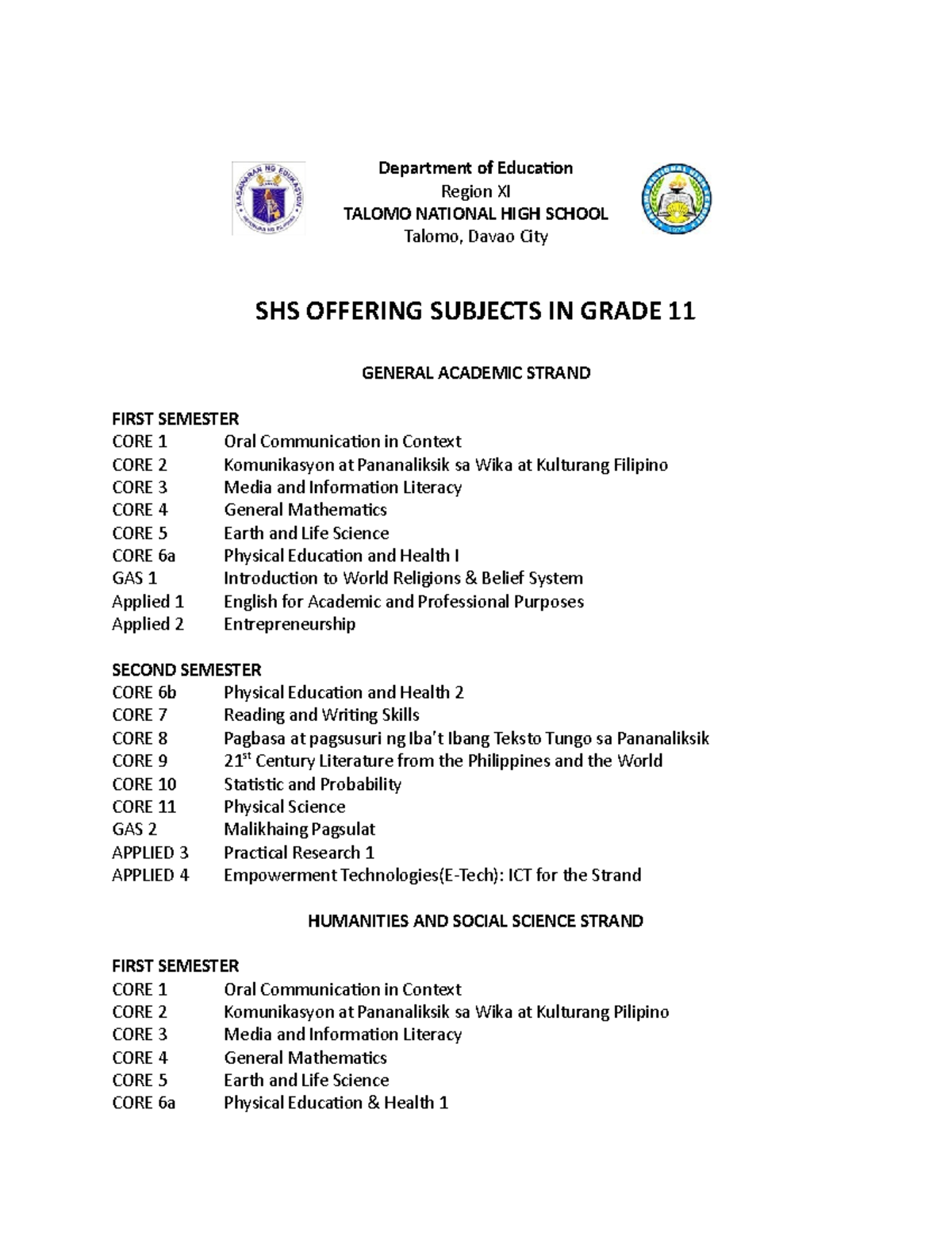 SHS Program Subject Offering Edited - Department of Education Region XI ...