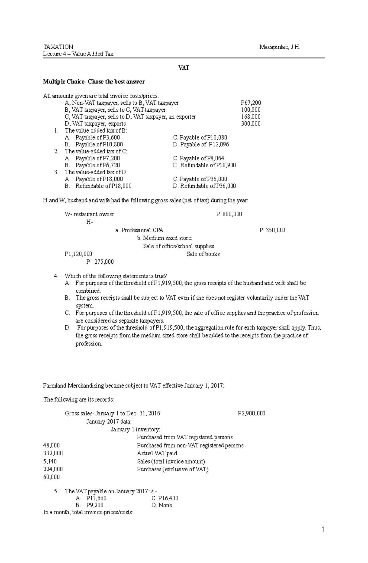 Vatdoc - Sample quiz on Business Tax - TAXATION Macapinlac, J H ...