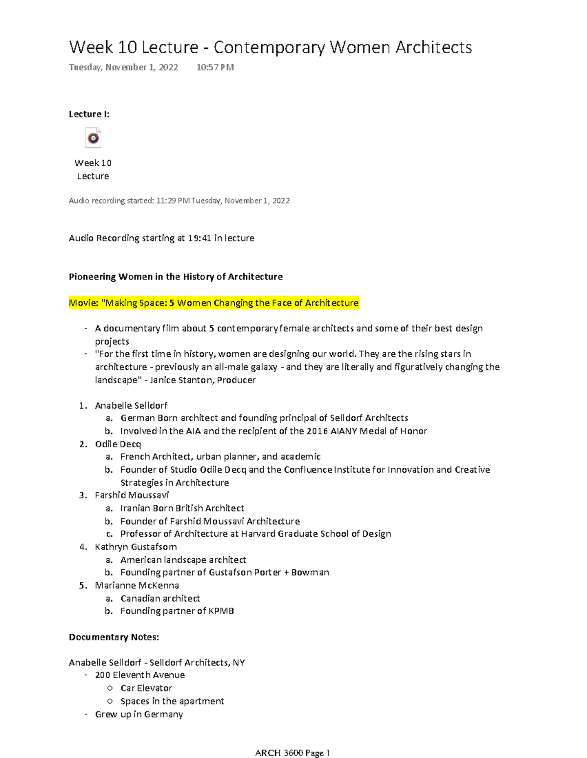 Week 10 Lecture - Contemporary Women Architects - Lecture I: Week 10 Lecture Audio recording ...