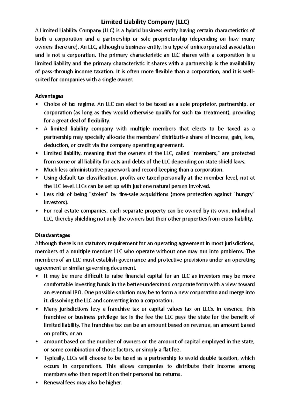 Limited Liability Company - An LLC, although a business entity, is a ...