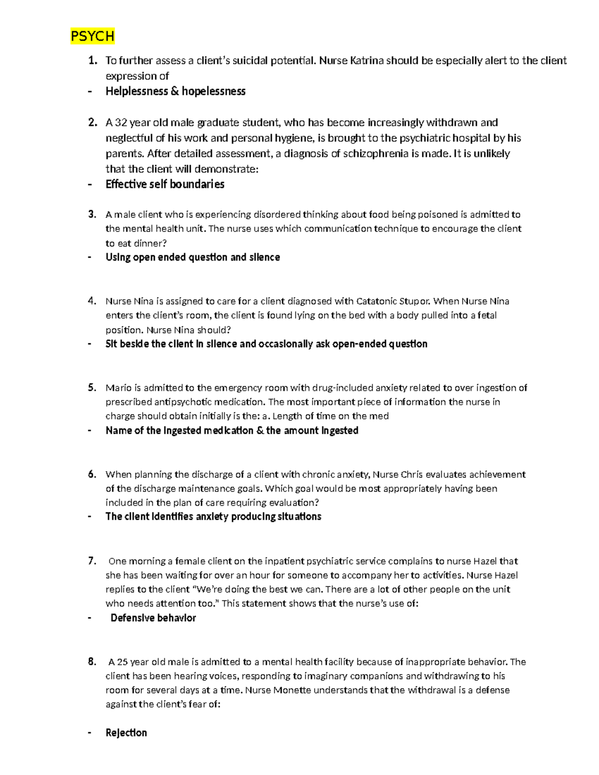 Psych - practice questions - PSYCH 1. To further assess a client’s ...