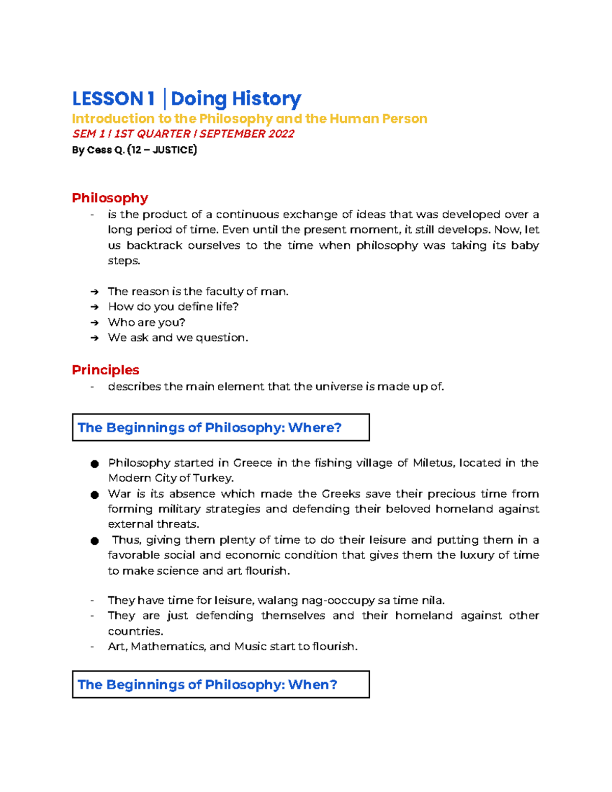 Philo Lectures - LESSON 1 │Doing History Introduction to the Philosophy and the Human Person SEM ...