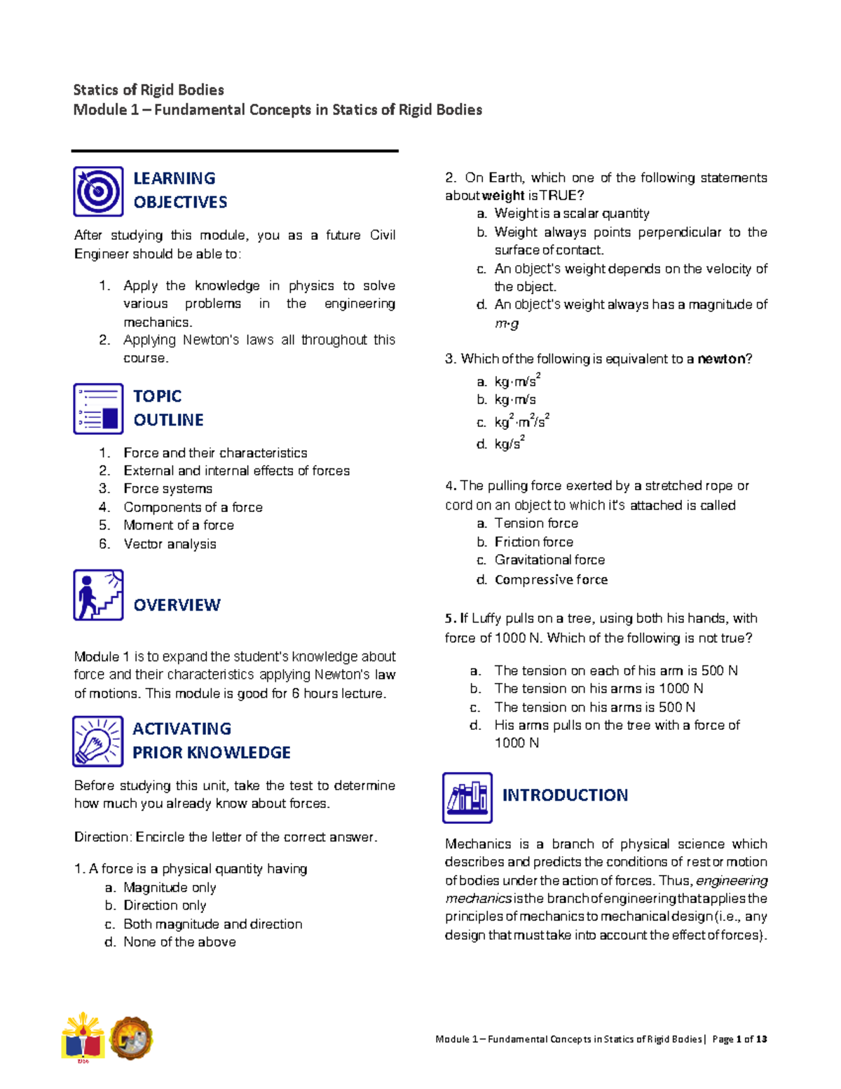 Statics of Rigid Bodies Module 1 - LEARNING OBJECTIVES After studying ...