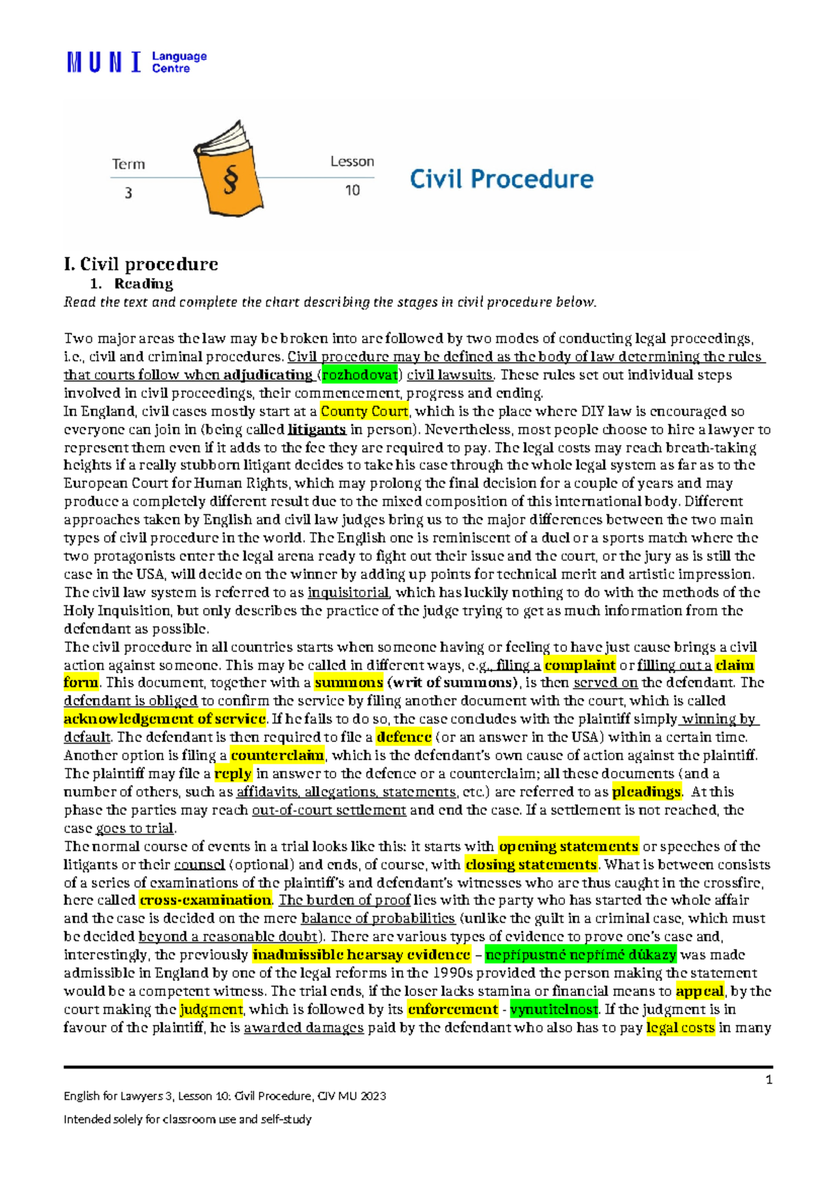 Lesson 10 Civil Procedure - I. Civil procedure Reading Read the text ...