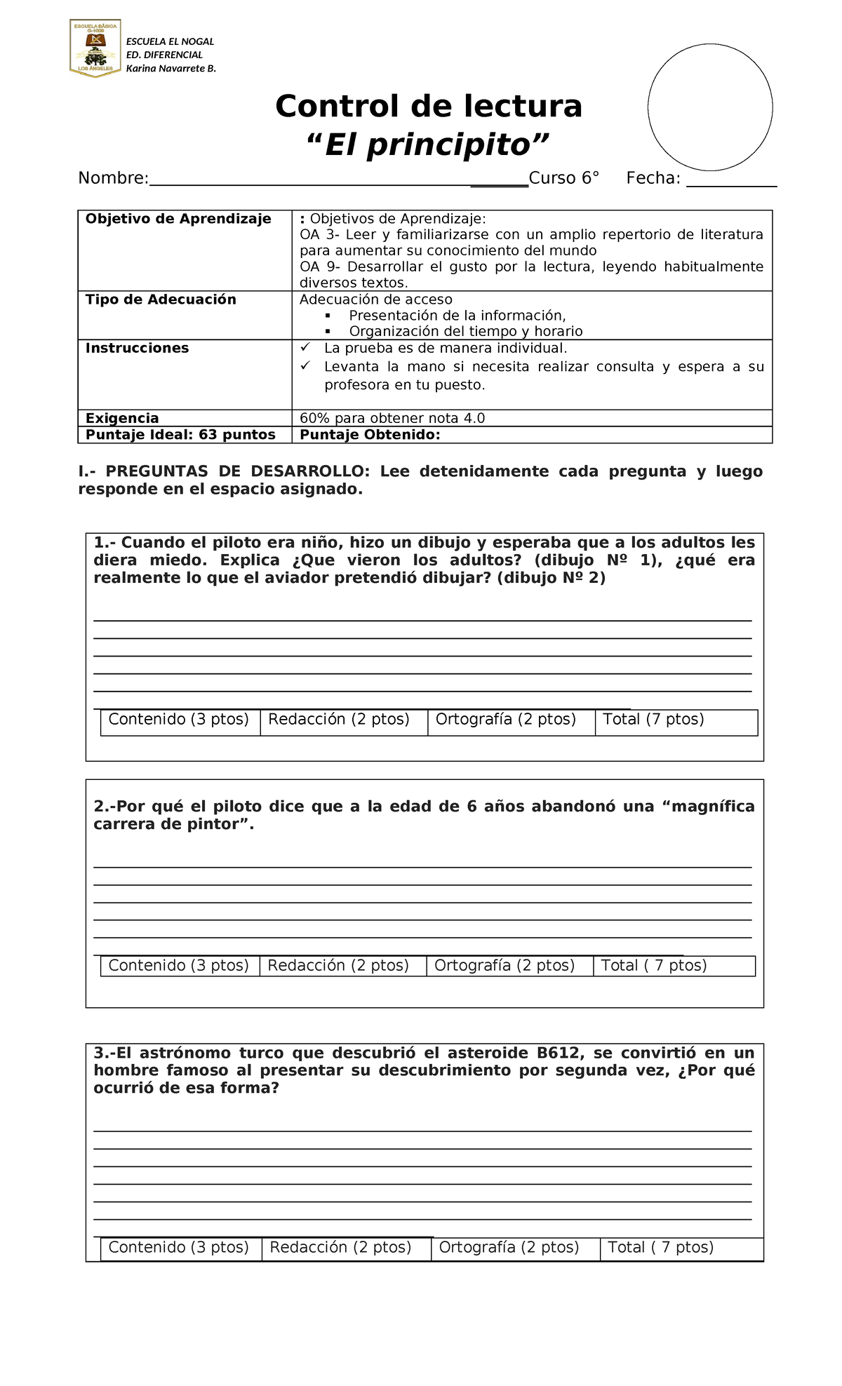 Control de lectura El principito - ESCUELA EL NOGAL ED. DIFERENCIAL ...