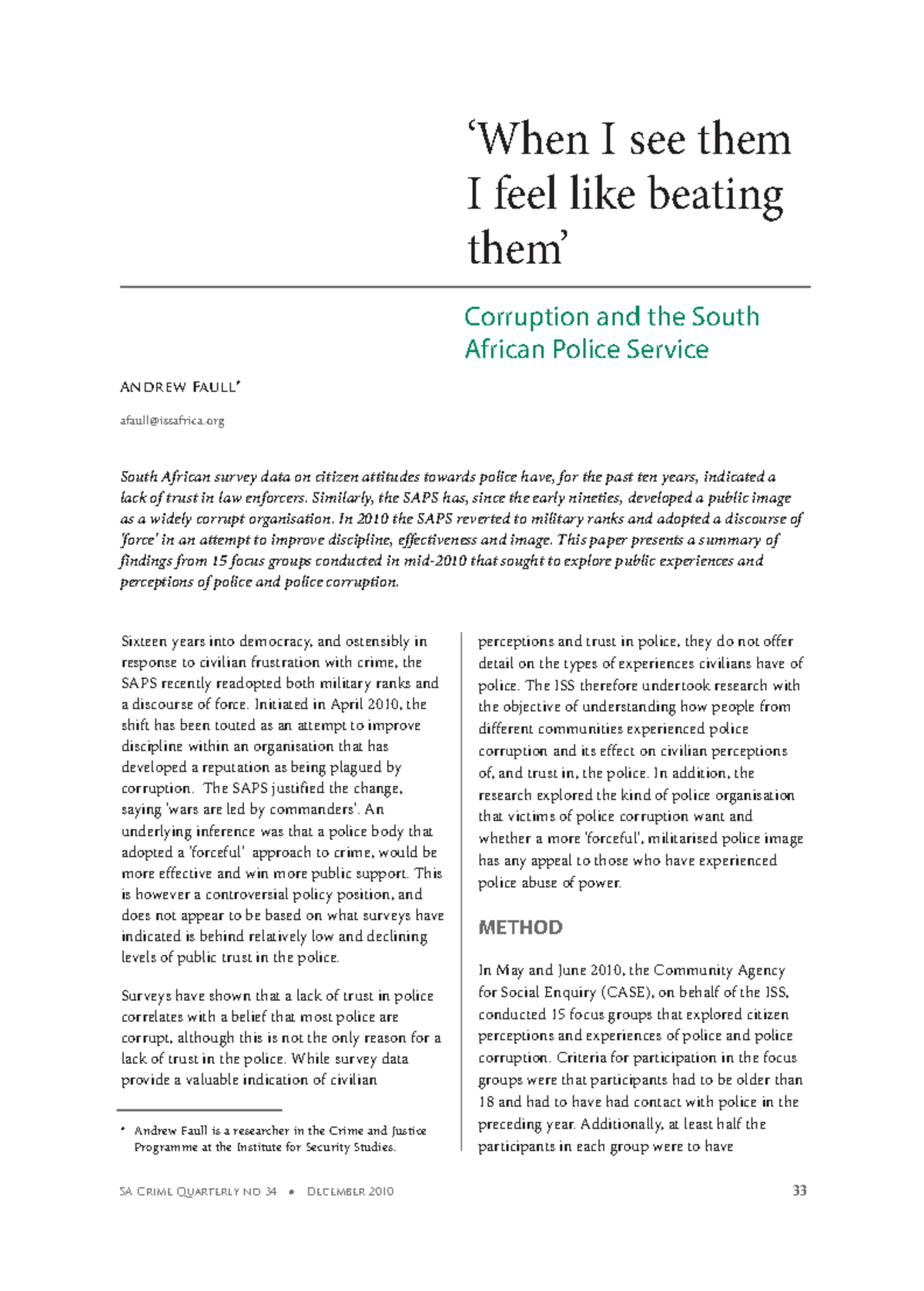 Police Corruption - SA Crime Quarterly no 34 • December 2010 33 Sixteen ...
