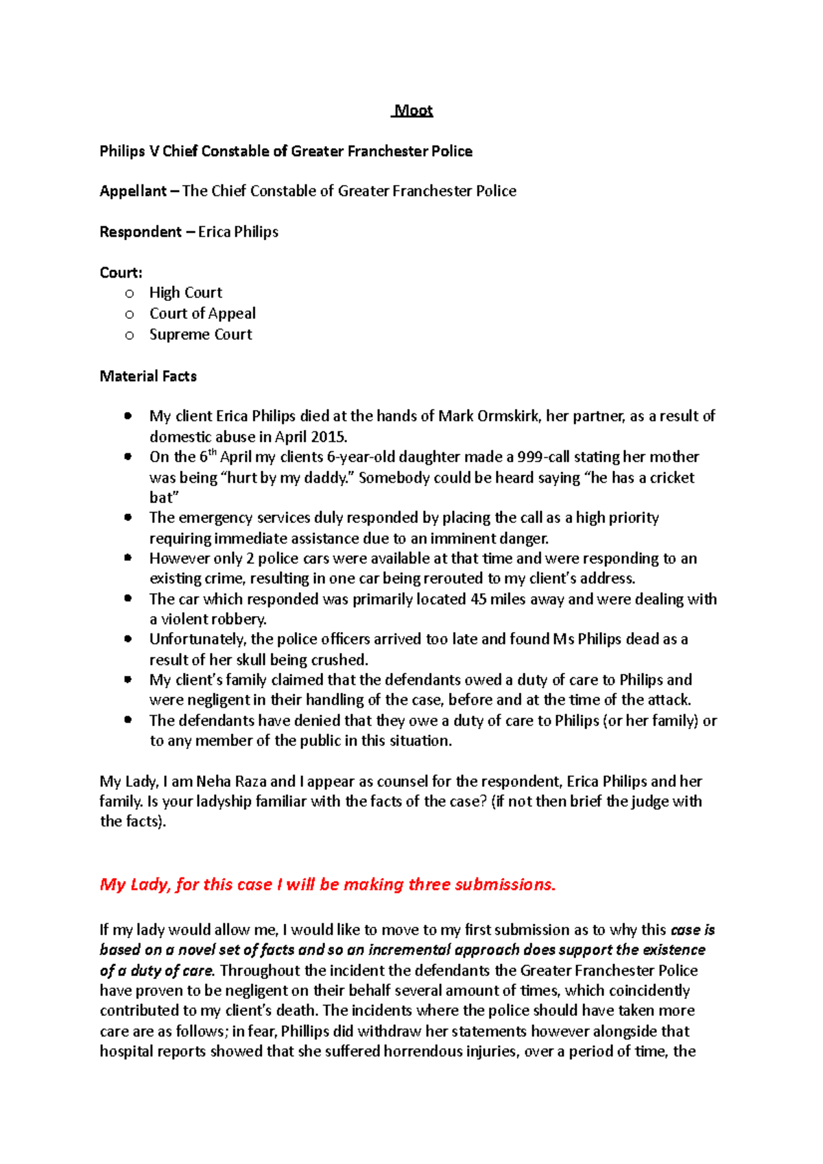 Past Moot exam template - Moot Philips V Chief Constable of Greater ...