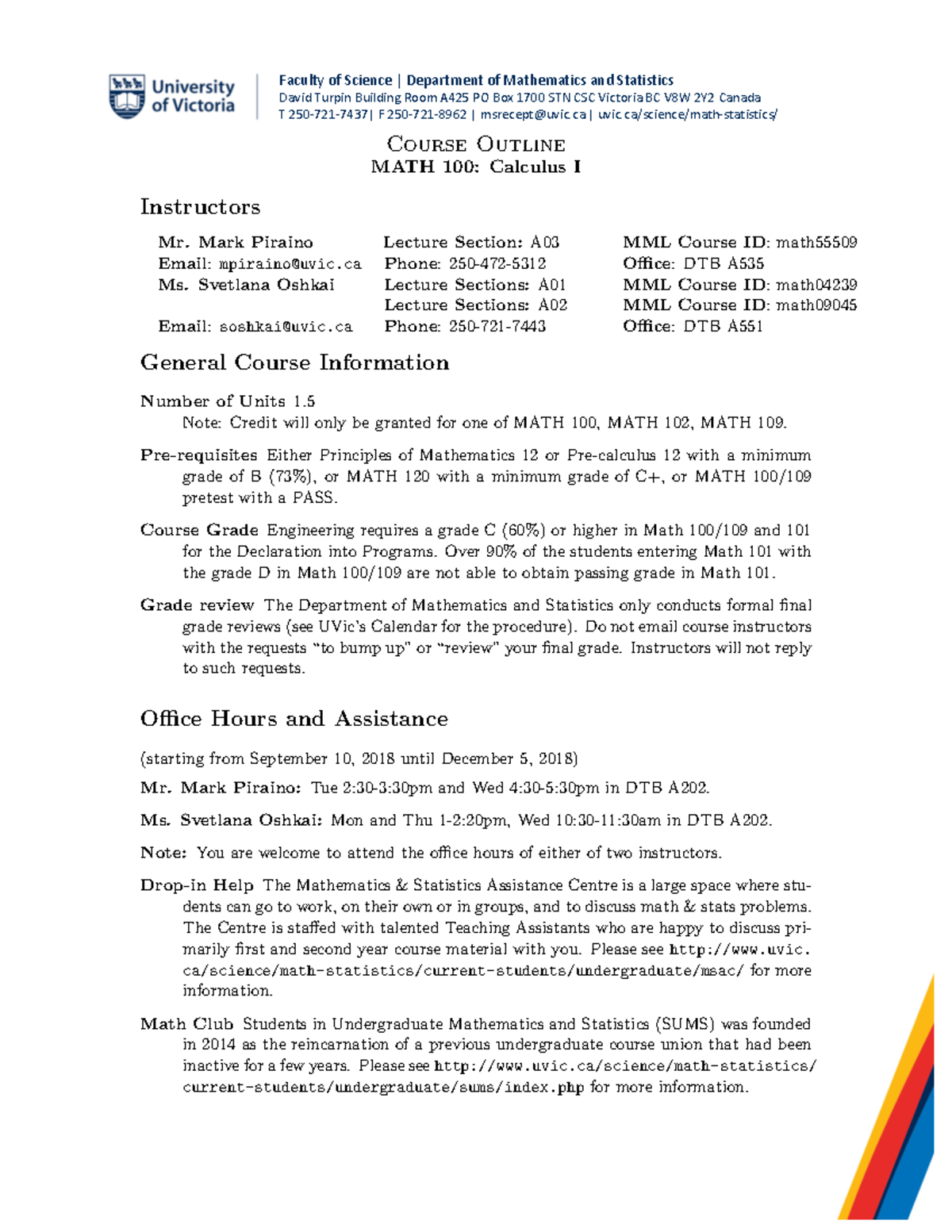2018 09 Math100 Outline v3 - Faculty of Science | Department of ...