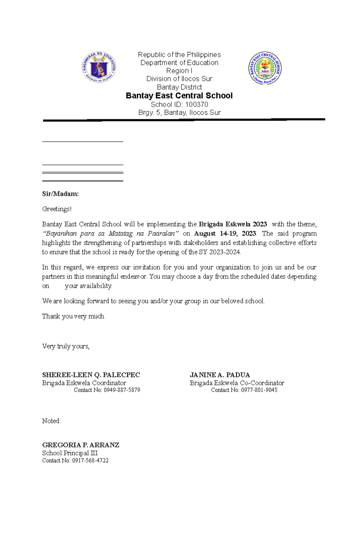 Invitation letter BE 2023 - Republic of the Philippines Department of ...