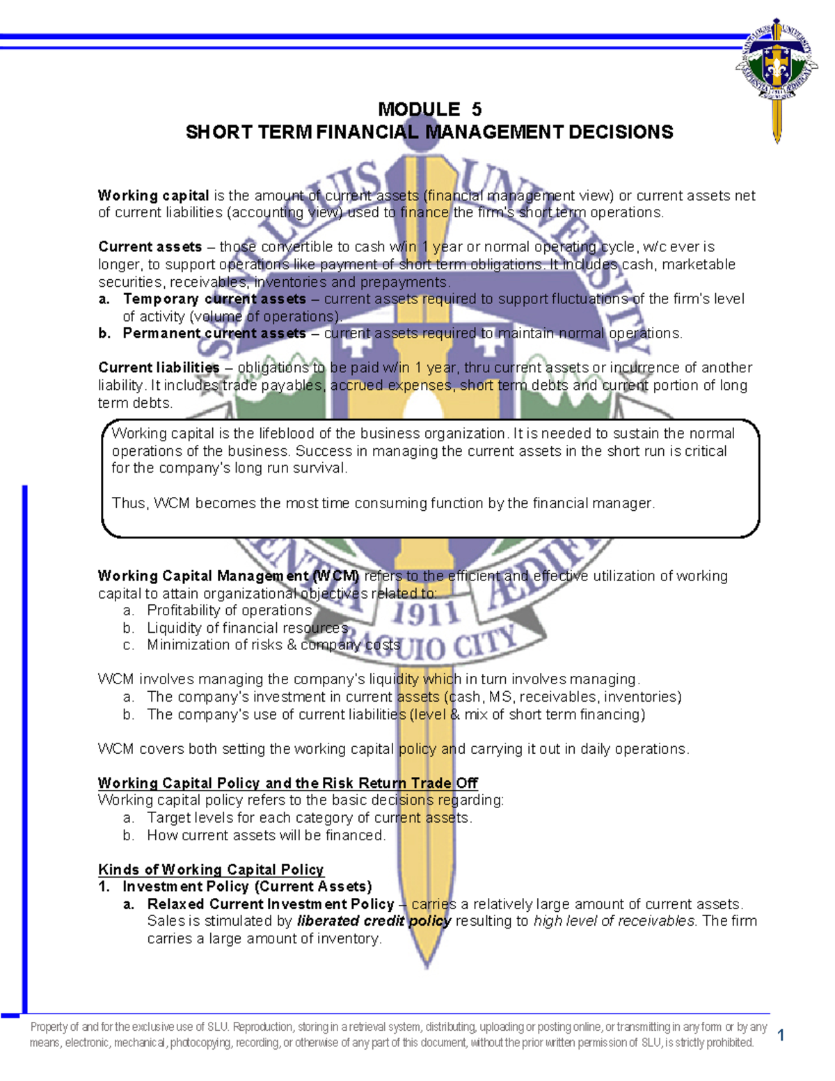 Short term fin man - Answer - Property of and for the exclusive use of ...