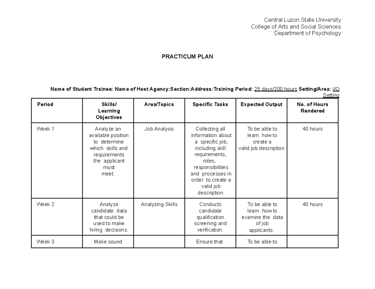 Practicum Plan - Central Luzon State University College of Arts and ...