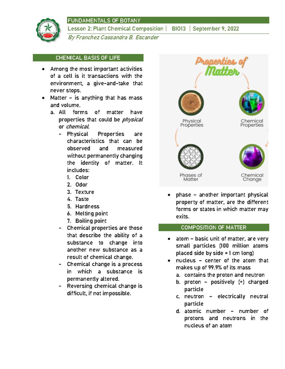 Plant Chemical Composition Notes - Lesson 2: Plant Chemical Composition ...