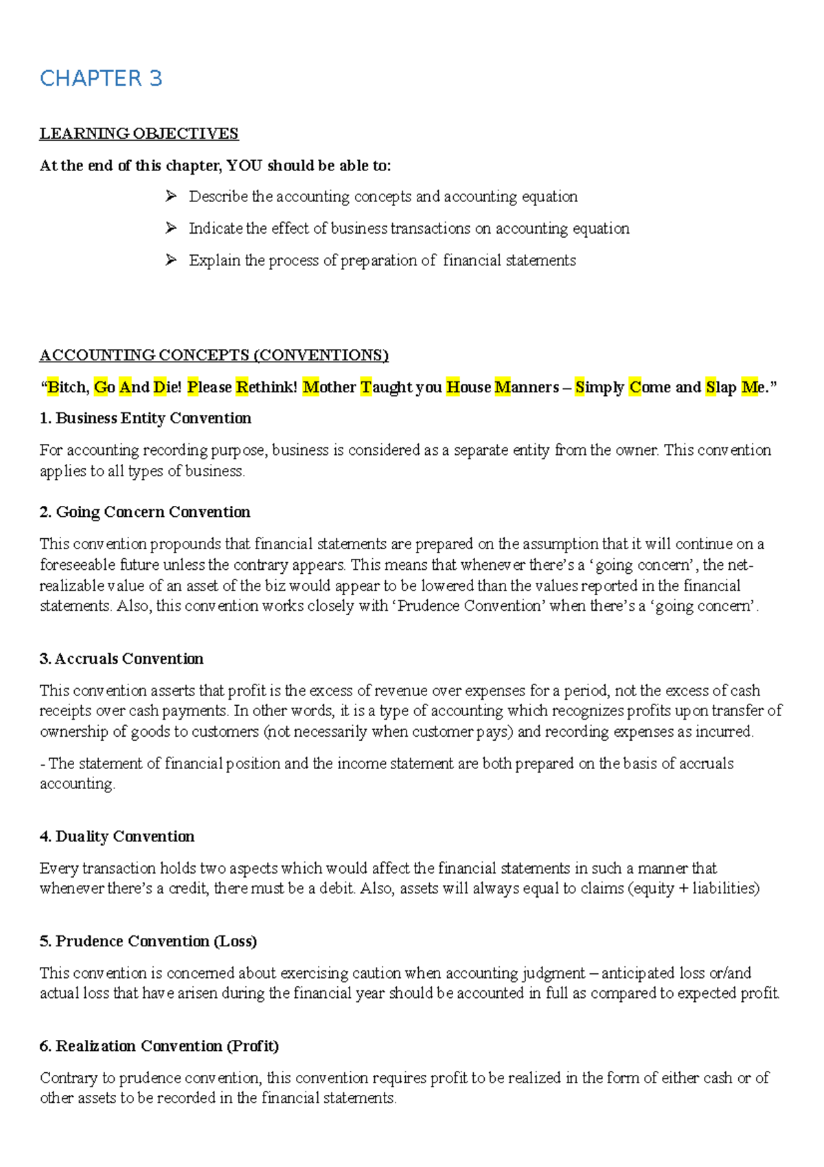 Chapter 3 - ACCOUNTING CONCEPTS (CONVENTIONS) - LEARNING OBJECTIVES At ...