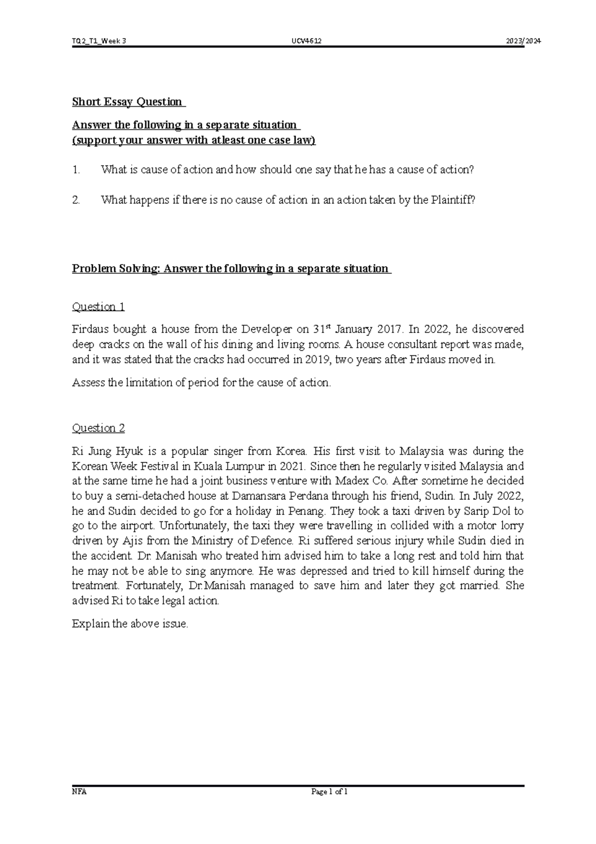 TQ2-T1 W3 - assignment - TQ2_T1_Week 3 UCV4612 2023/ Short Essay ...