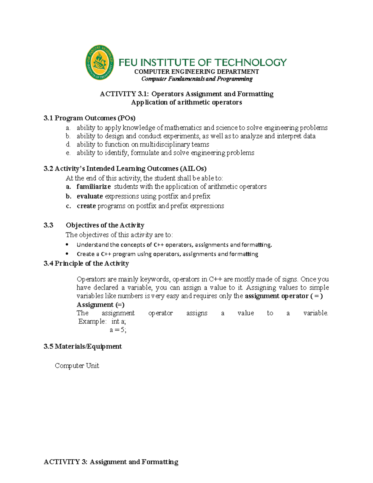 [M3S1- Formative] Application of Arithmetic Operators - ACTIVITY 3 ...