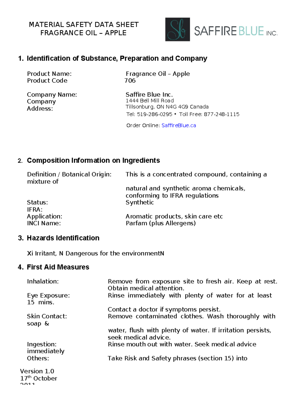 MSDS- Apple-FO - resume of msds - FRAGRANCE OIL – APPLE Version 1. 17 ...