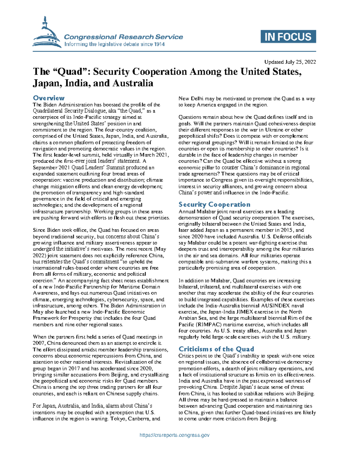 IF11678 - crsreports.congress Updated July 25, 2022 The “Quad ...