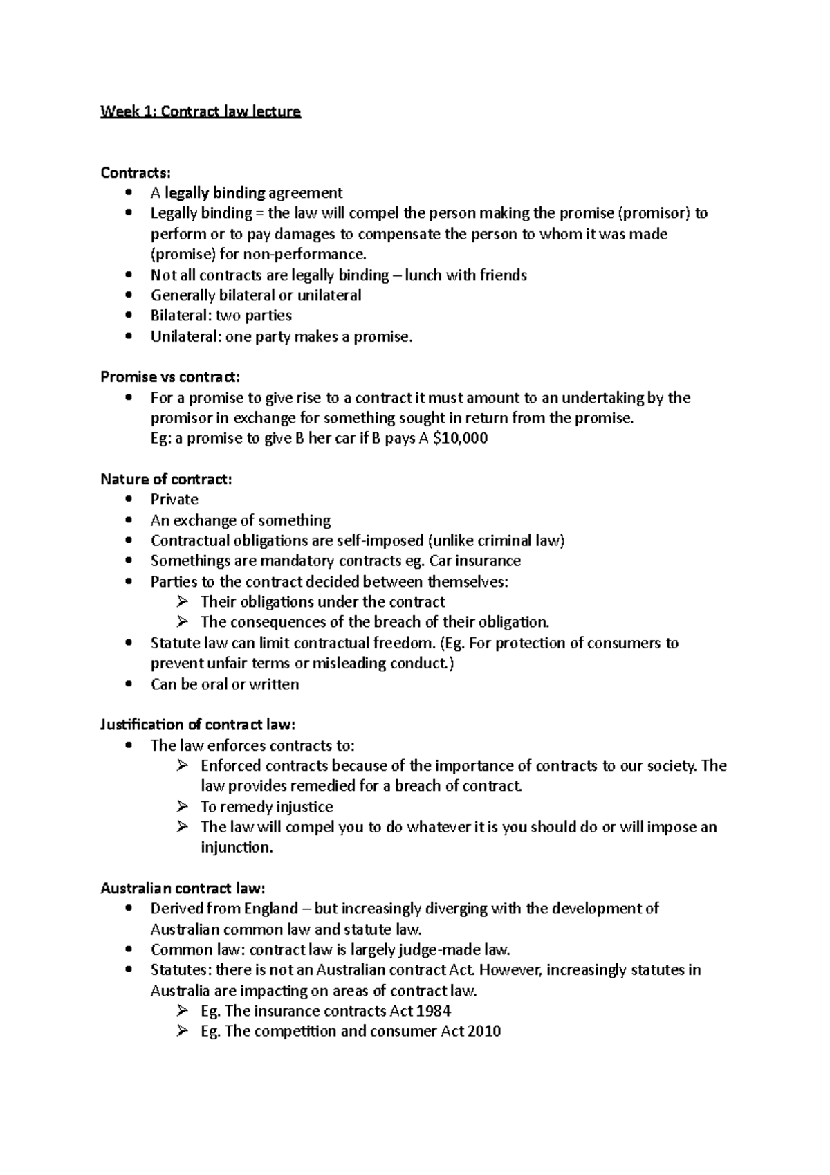 Week 1 Contract notes - Week 1: Contract law lecture Contracts: A ...