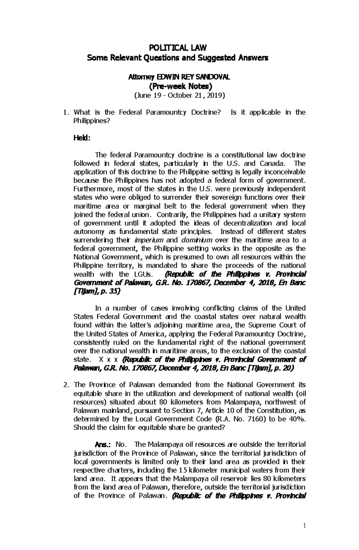 Poli-preweek-Sandoval - POLITICAL LAW Some Relevant Questions and ...