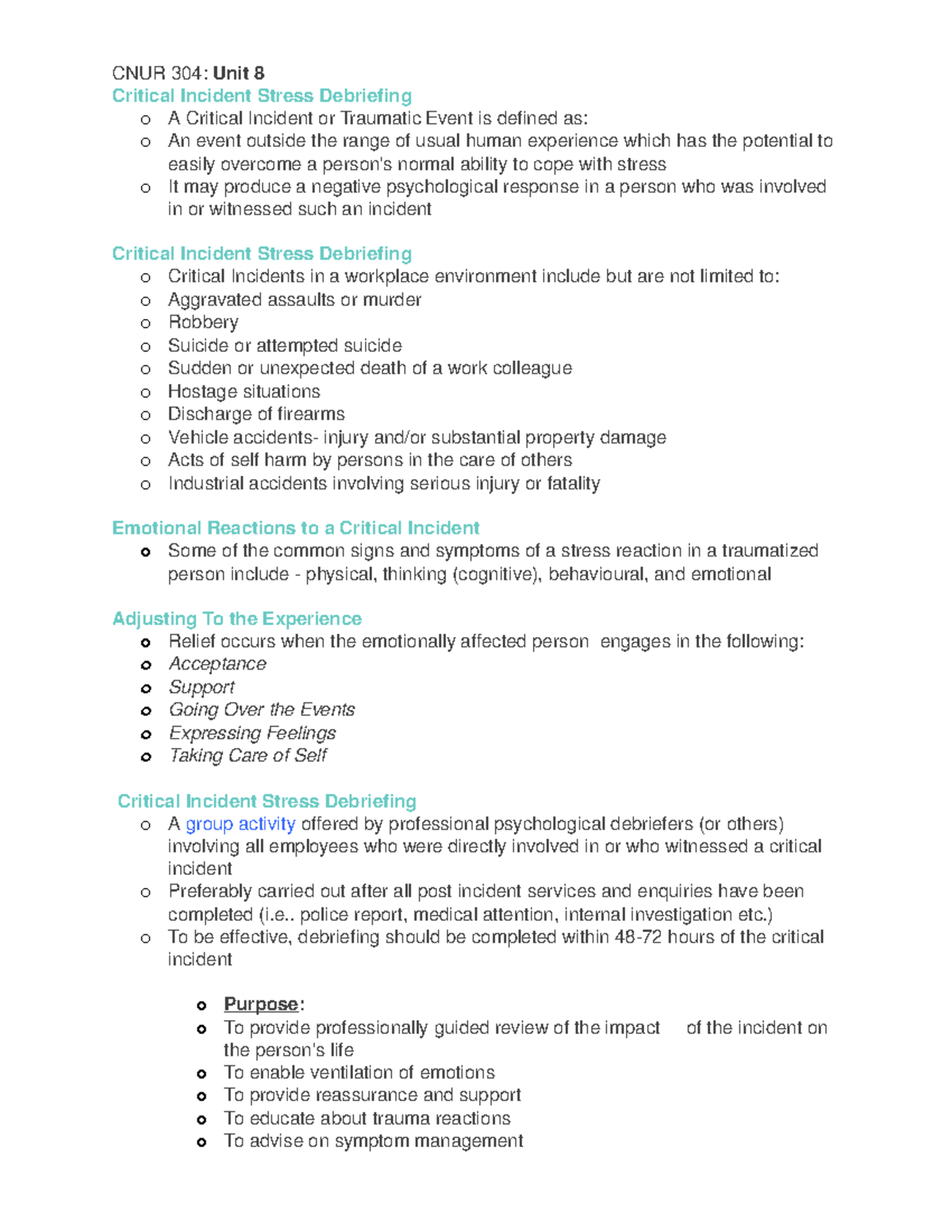 Critical Incident Stress Debriefing- Unit 8 - CNUR 304: Unit 8 Critical ...