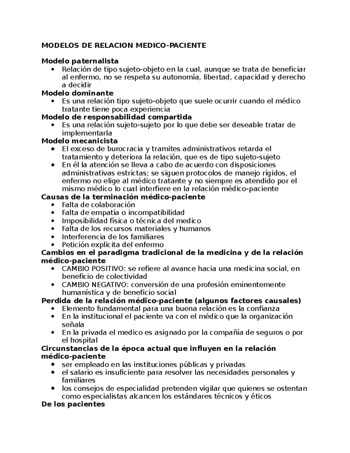 Examen ENE - MODELOS DE RELACION MEDICO-PACIENTE Modelo paternalista ...