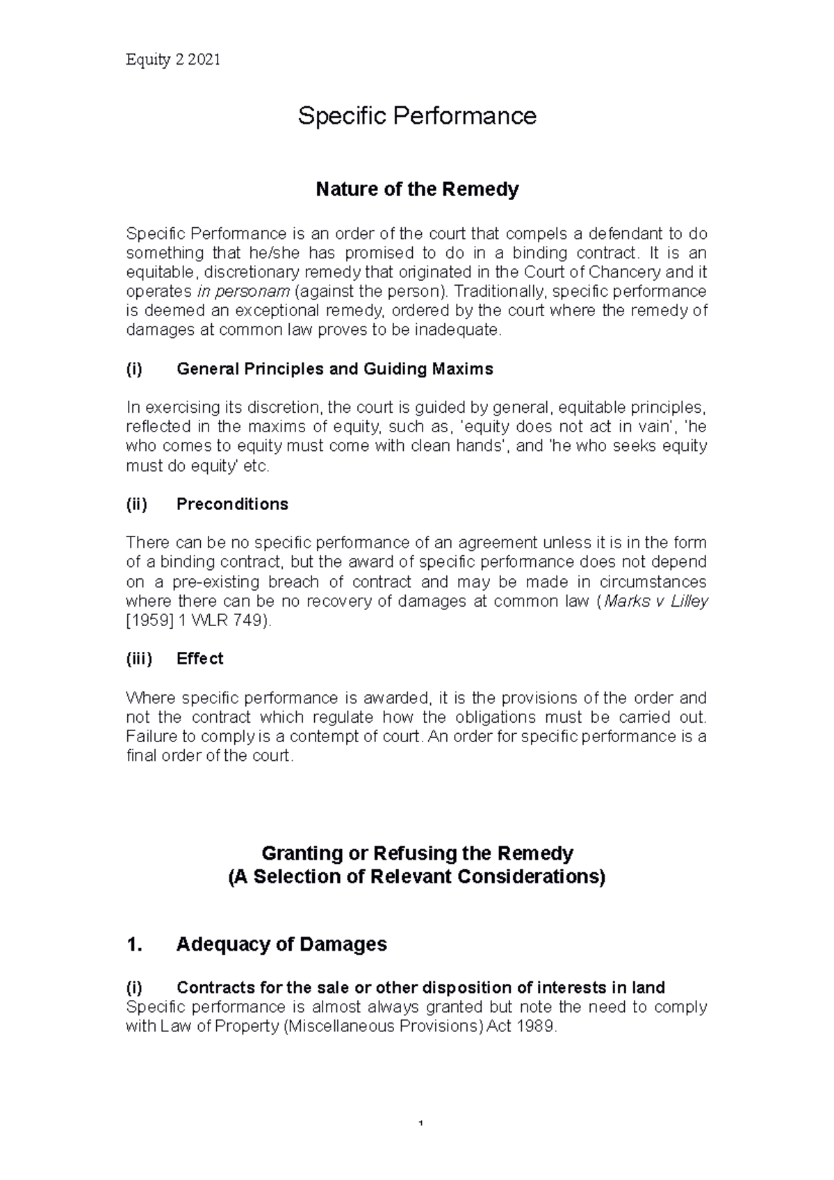 Lecture Handout - Specific Performance - Specific Performance Nature of ...