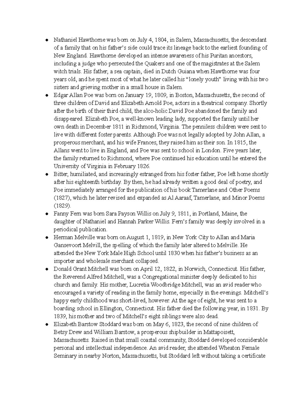 ENGL201 CH. 7 notes - Nathaniel Hawthorne was born on July 4, 1804, in ...