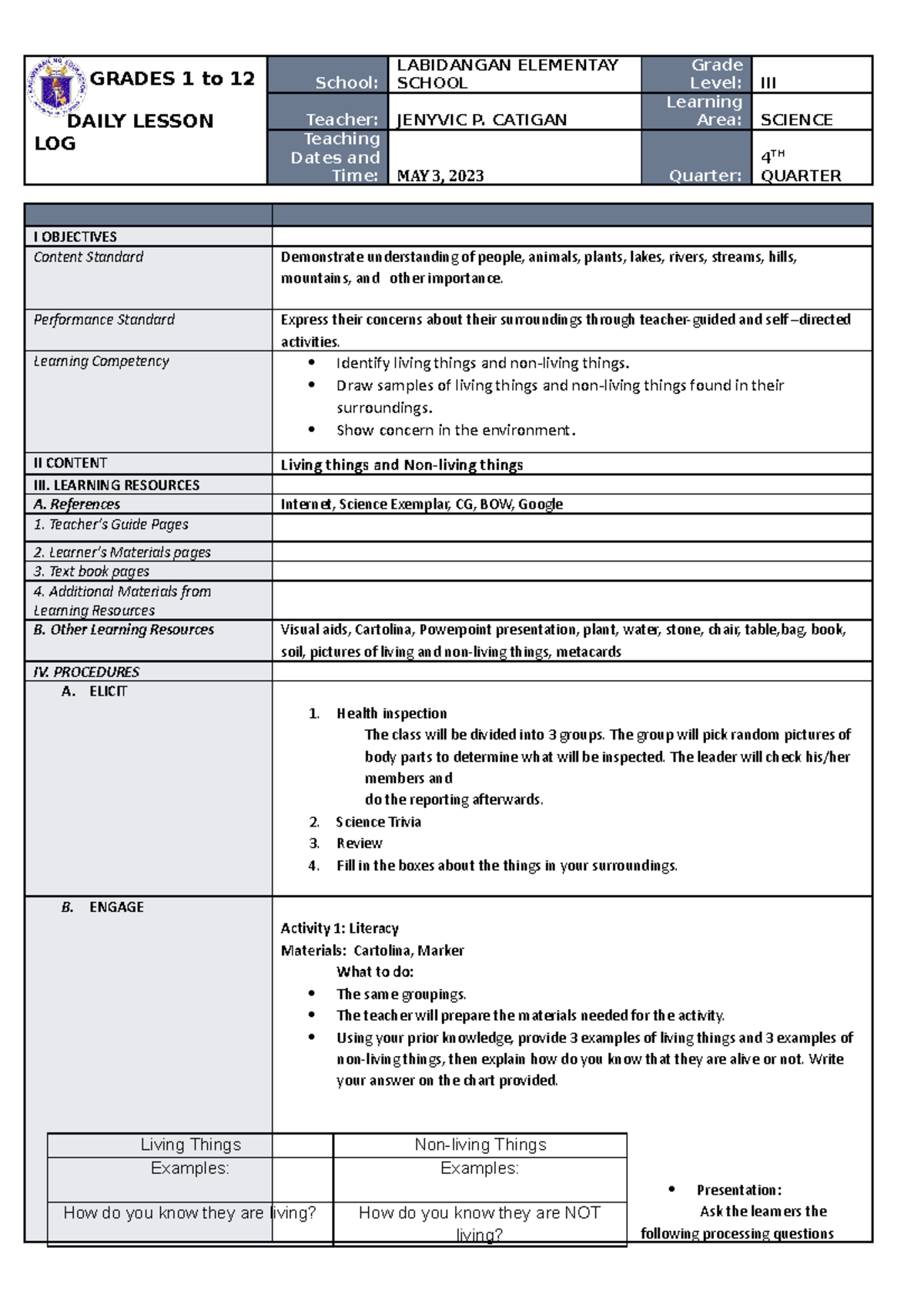 Lesson plan - GRADES 1 to 12 DAILY LESSON LOG School: LABIDANGAN ...