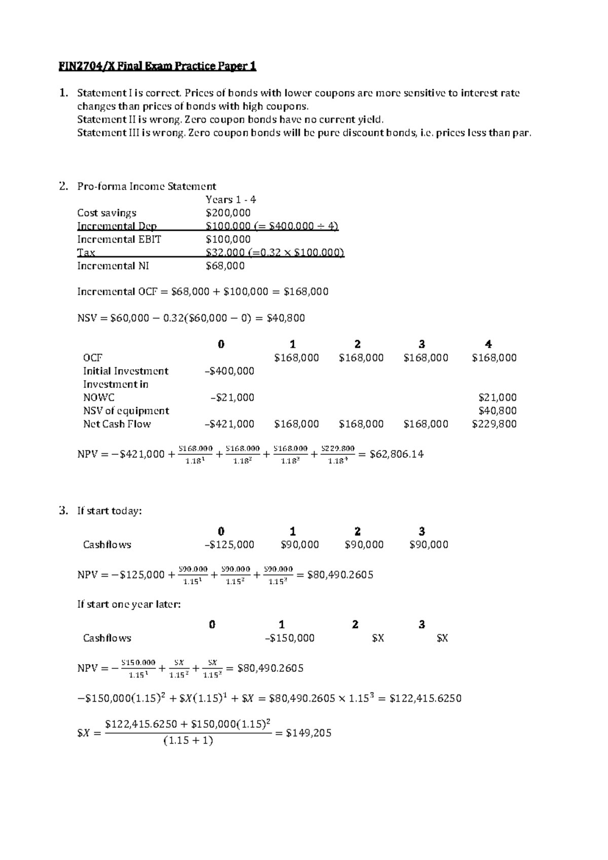 Final Exam Practice Paper 1 Solutions - FIN2704/X Final Exam Practice Paper 1 1. Statement I is ...