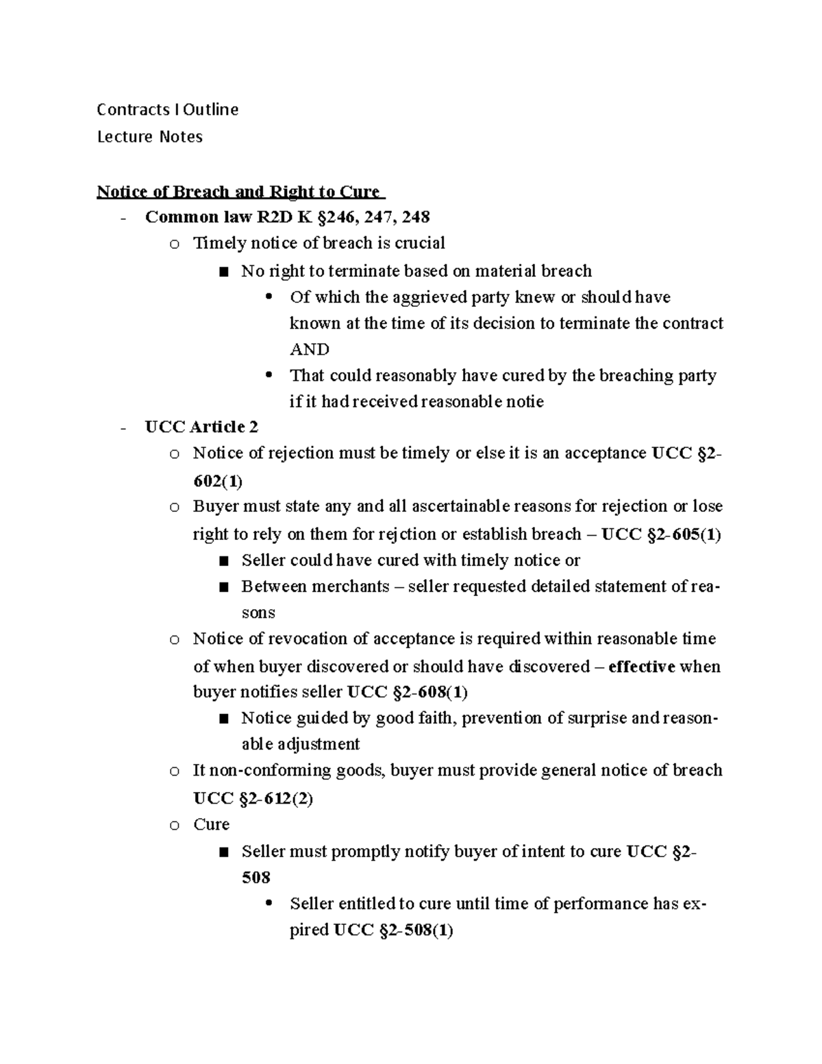 Notice of Breach and Right to Cure - Contracts I Outline Lecture Notes ...