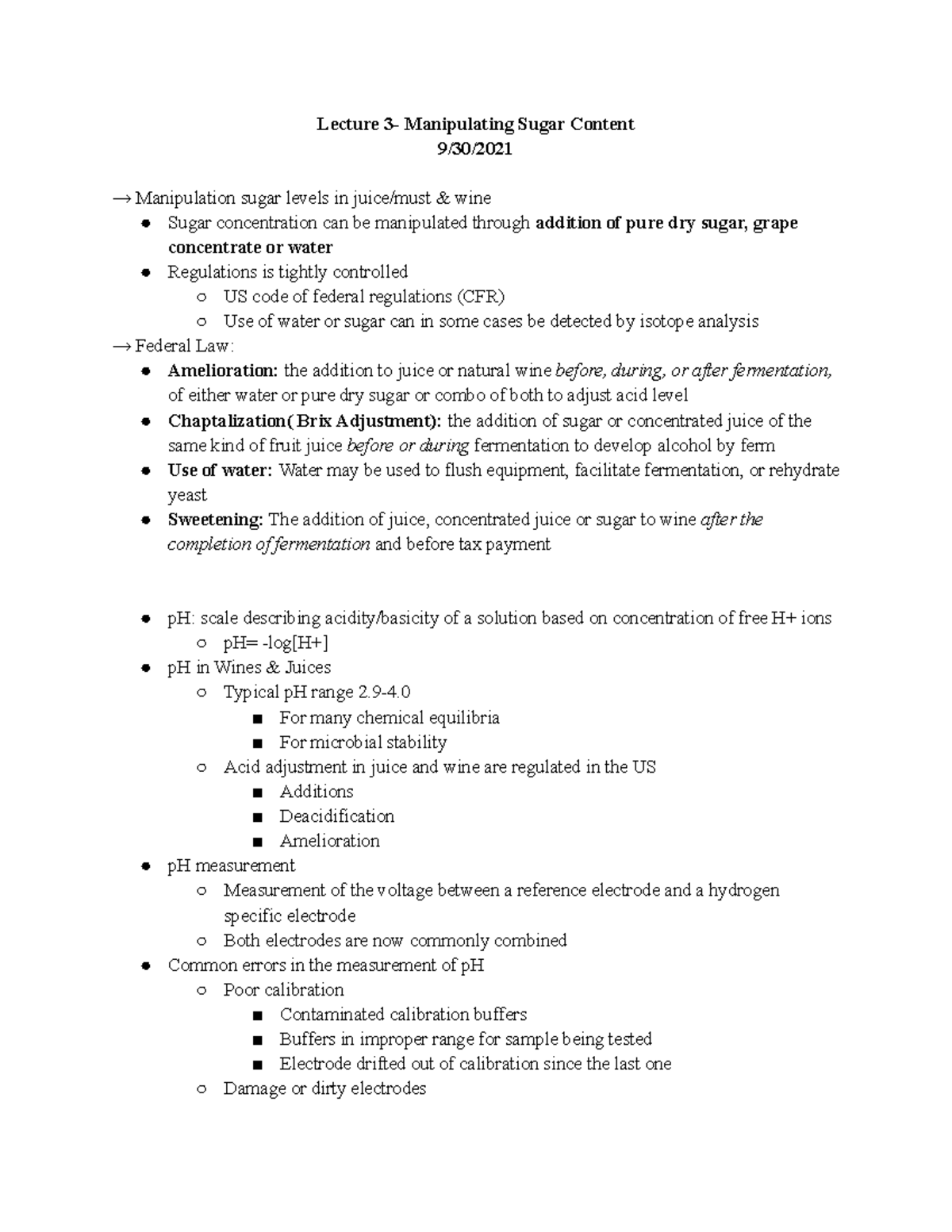 VEN123 Lecture 1-3 - Lecture 3- Manipulating Sugar Content 9/30/ → ...