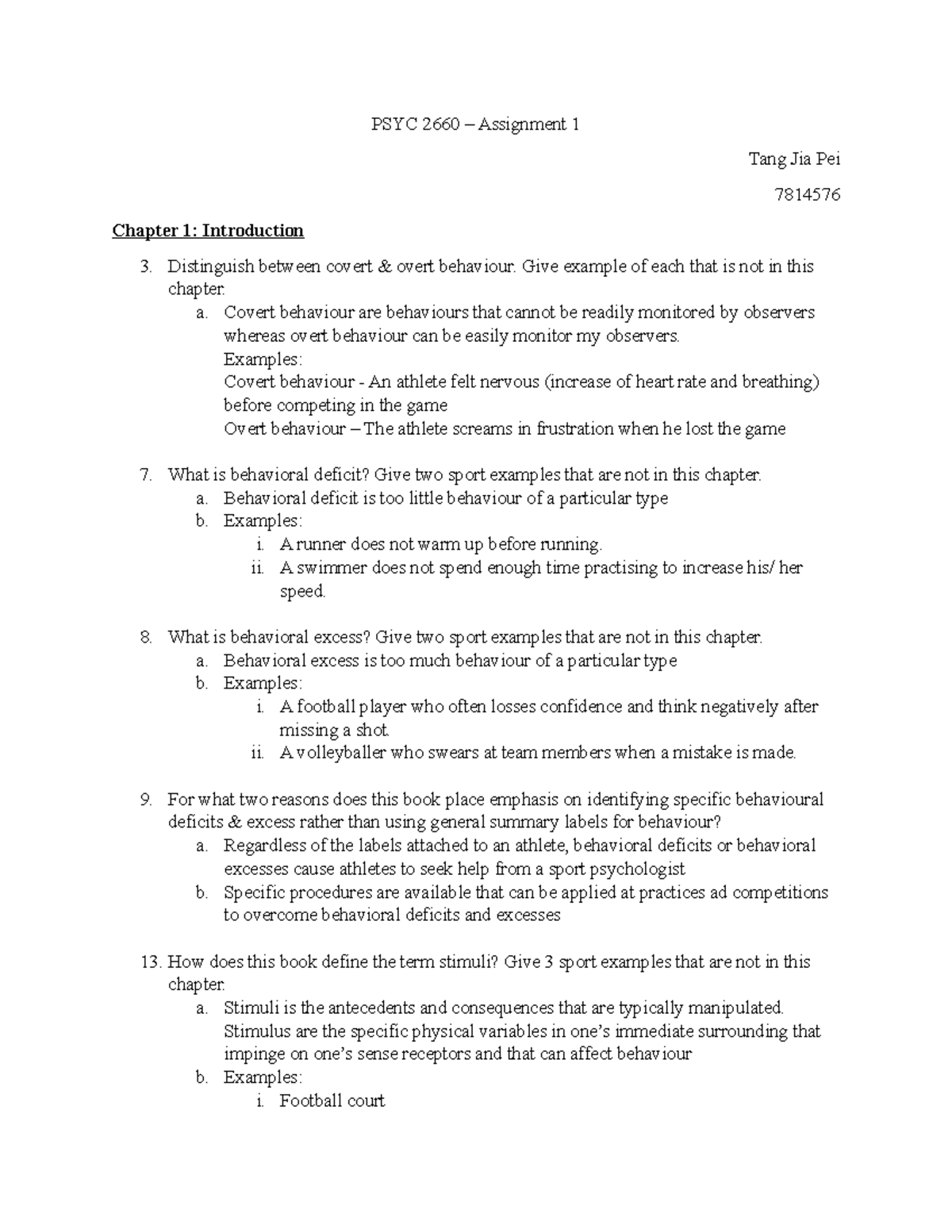 PSYC 2660 - Assignment 1 - PSYC 2660 – Assignment 1 Tang Jia Pei 7814576 Chapter 1: Introduction ...