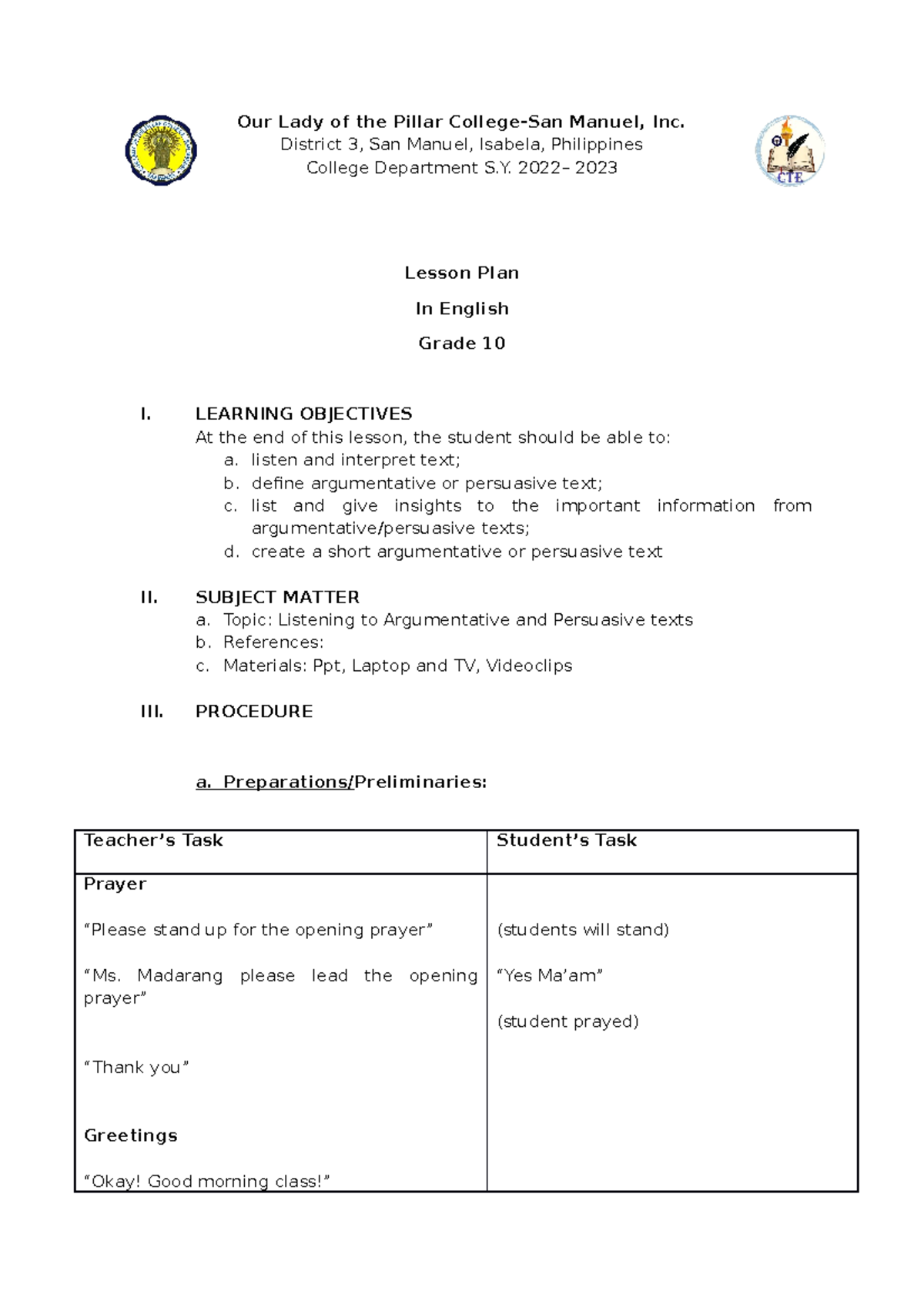 Detailed LP(listening) for grade 9 - Our Lady of the Pillar College-San ...
