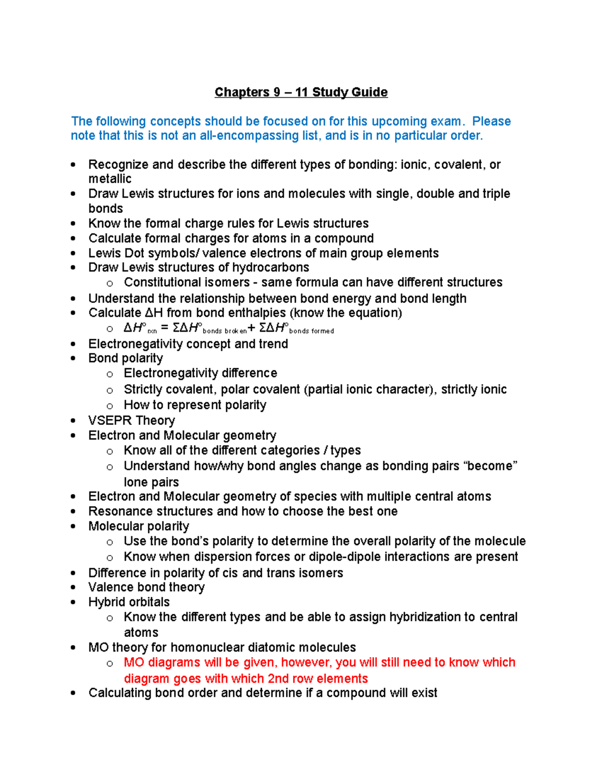 Ch. 9-11 Study List - Chapters 9 – 11 Study Guide The following ...