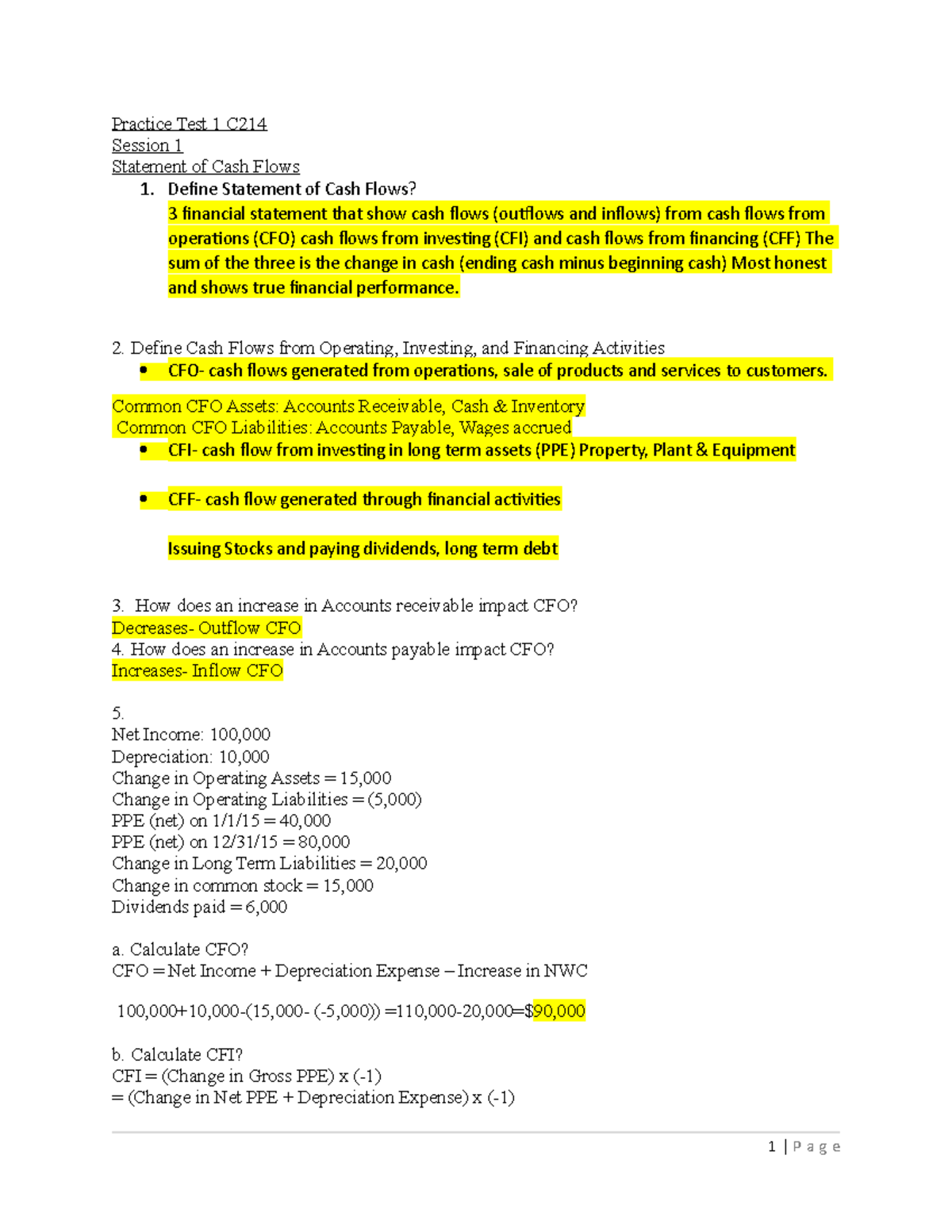 Practice test 1 edited - Practice Test 1 C Session 1 Statement of Cash ...