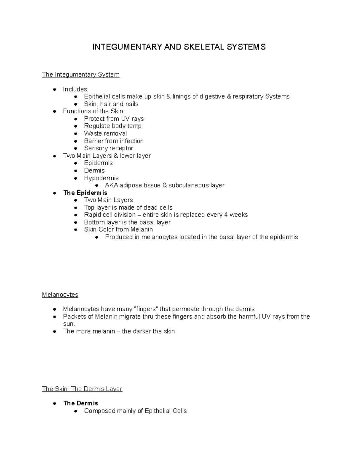 Life Science Notes 15 Integumentary and Skeletal Systems ...