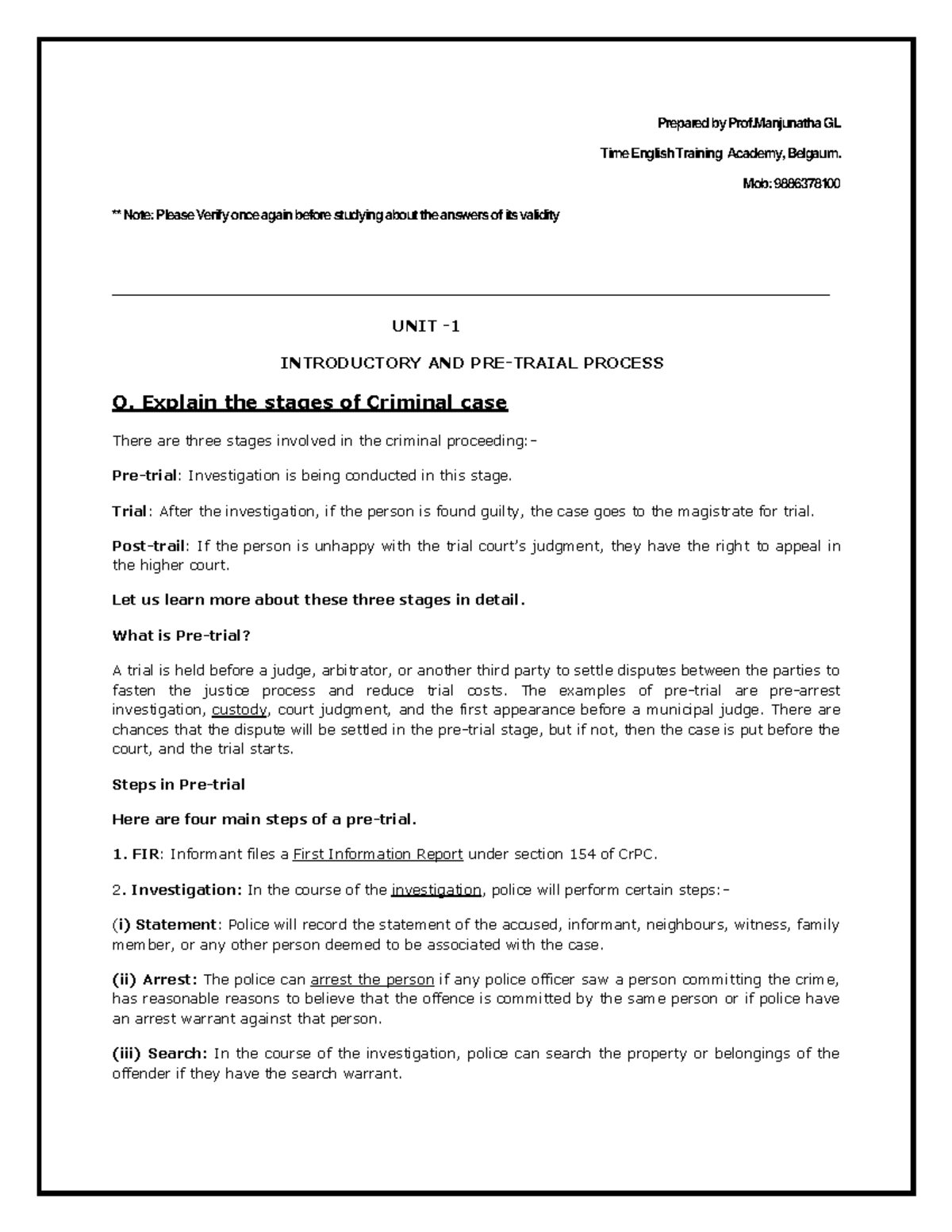 Cr PC-UNIT-1Notes 30 - Criminal procedure code summary notes for ...