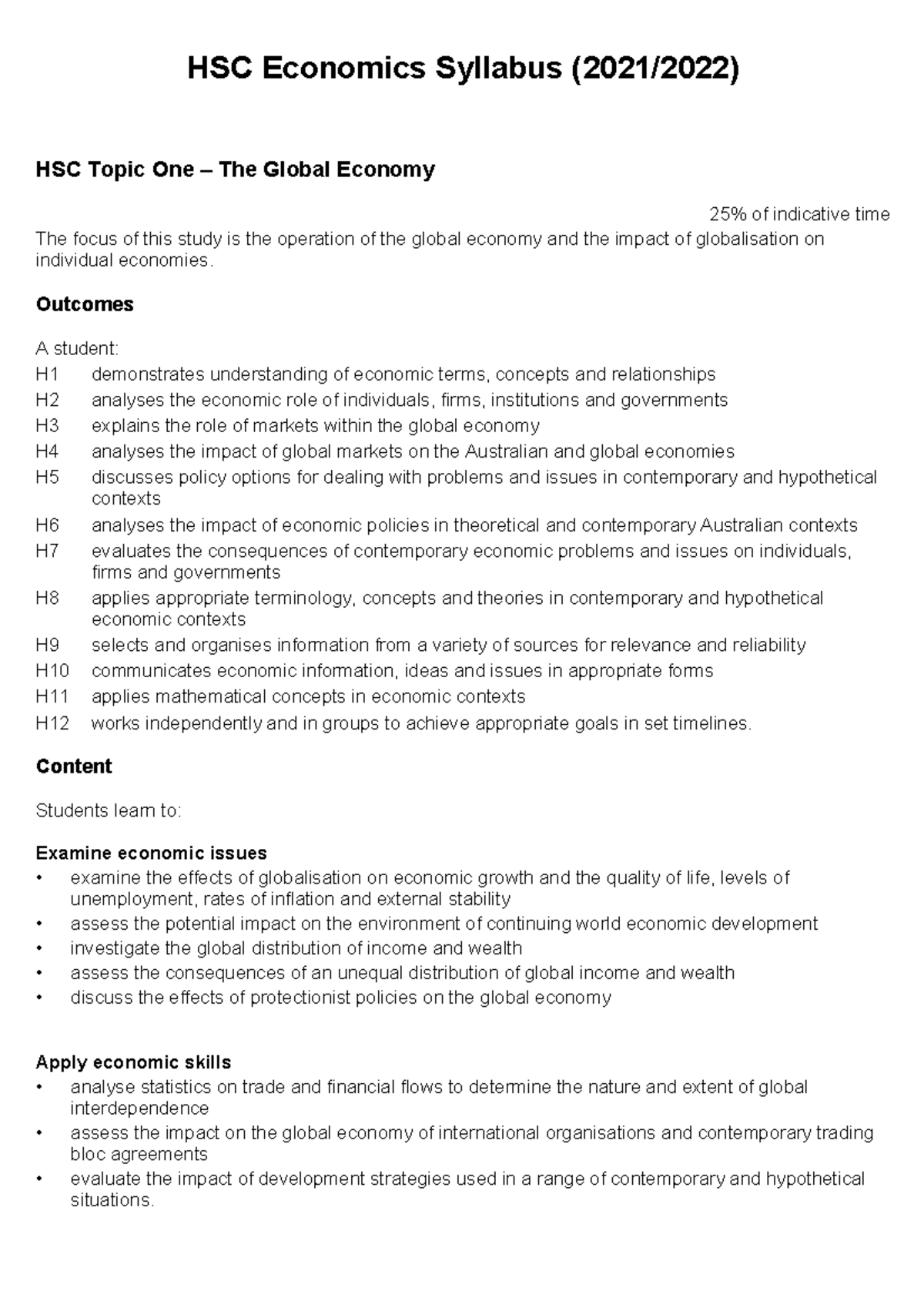 HSC Economics Syllabus - Outcomes A student: H1 demonstrates ...