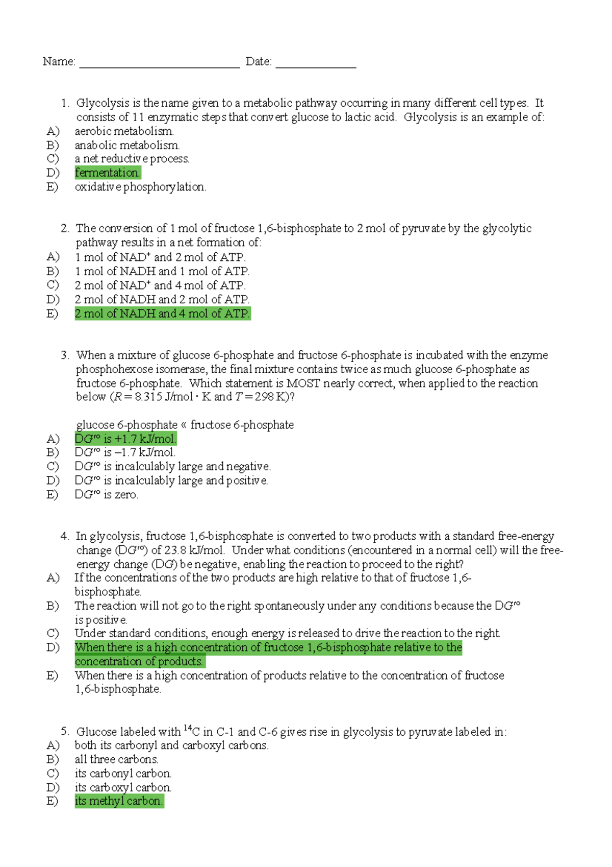Chapter 8 Part 1 - Name: __________________________ Date: _____________ Glycolysis is the name ...
