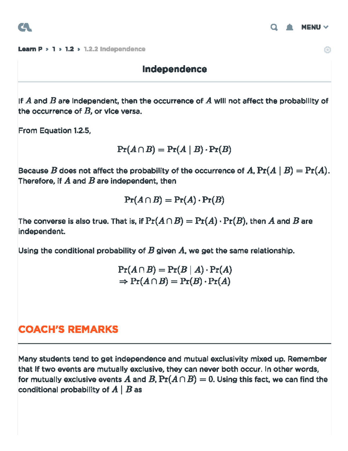 1 - stats - MENU V Learn P 1 1 1.2 Independence Independence If A and B ...