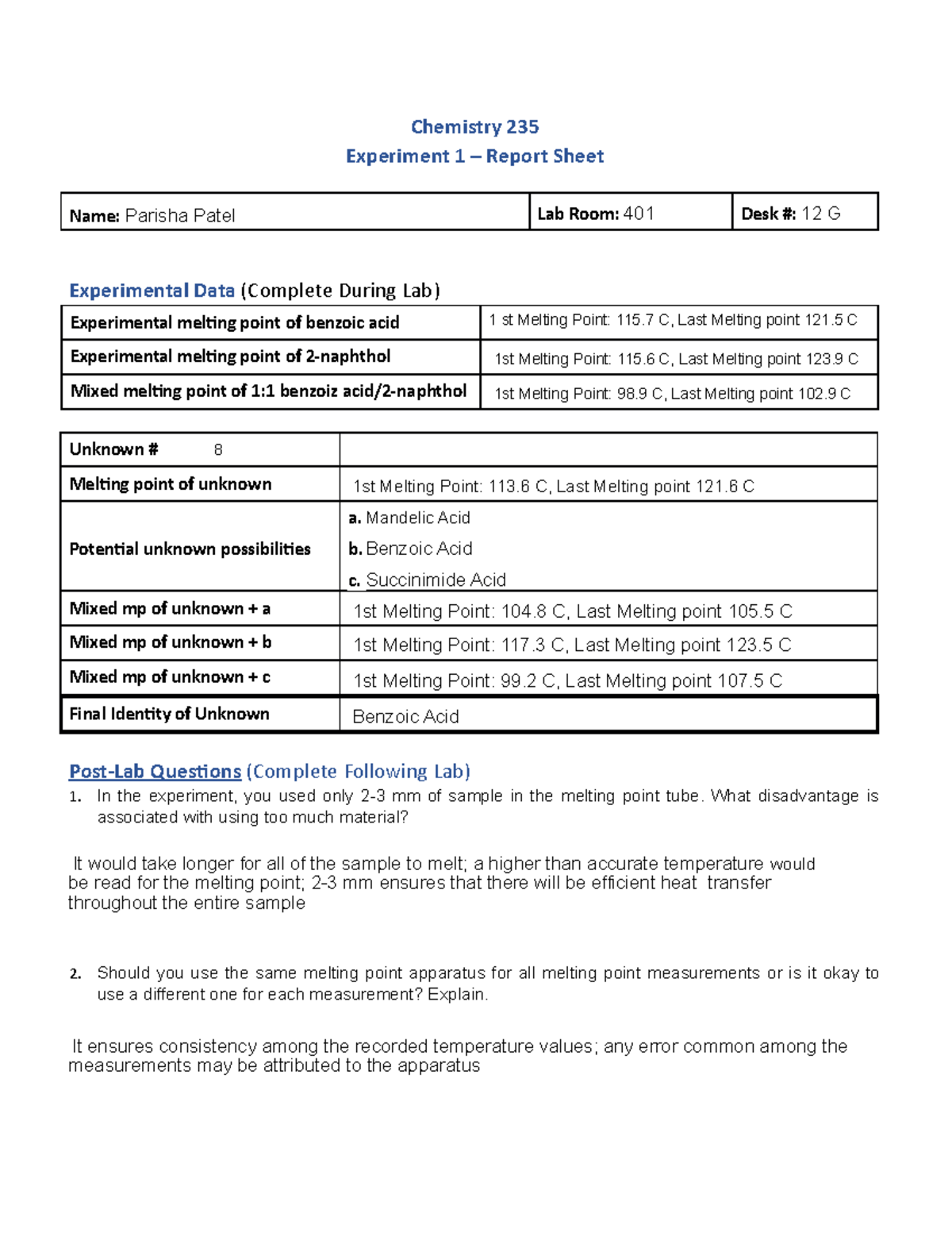 Melting Point Exp 1 Report Sheet - Chemistry 235 Experiment 1 – Report ...