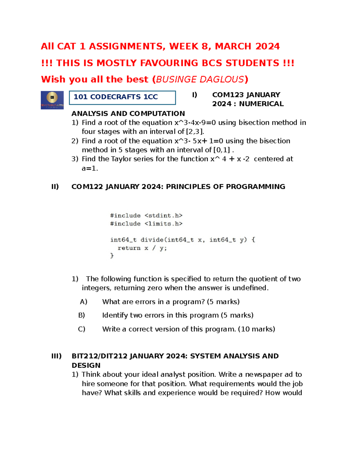 ALL CAT1 Assignment Questions - All CAT 1 ASSIGNMENTS, WEEK 8, MARCH 2024 !!! THIS IS MOSTLY ...