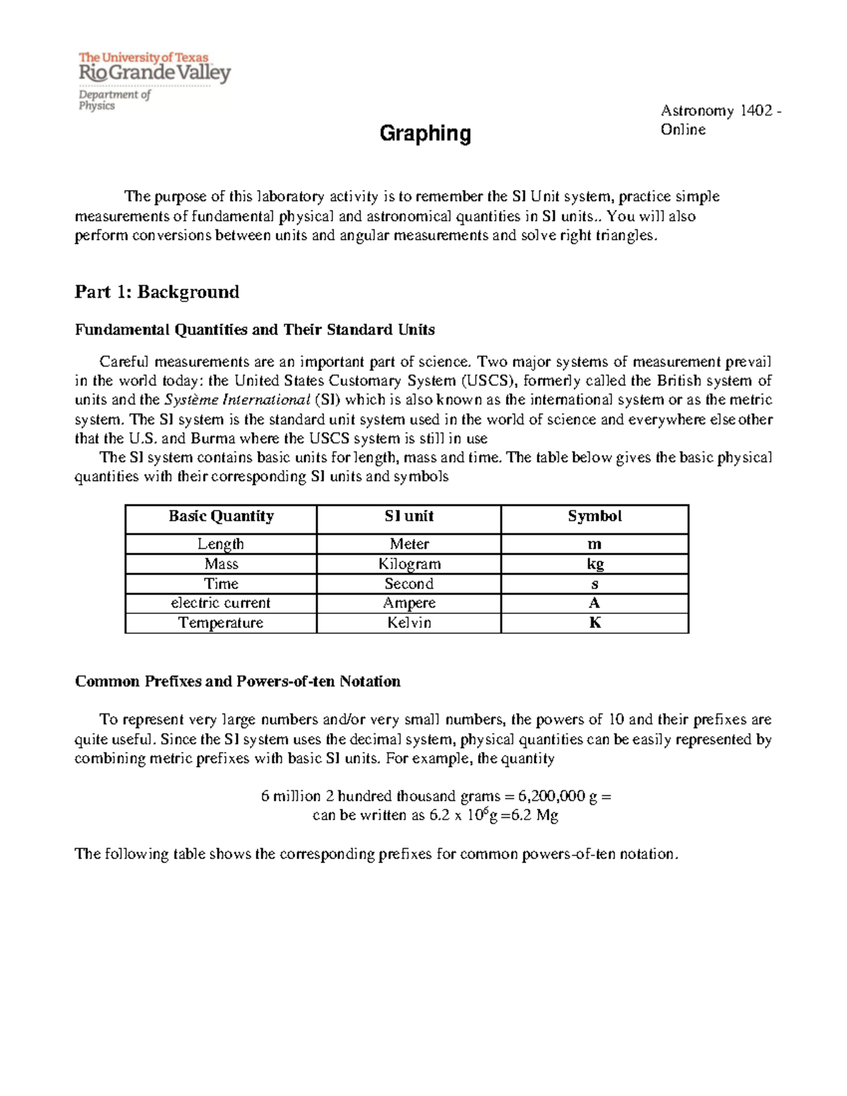 01 Units and Graphing-online - Graphing Astronomy 1402 - Online The purpose of this laboratory ...