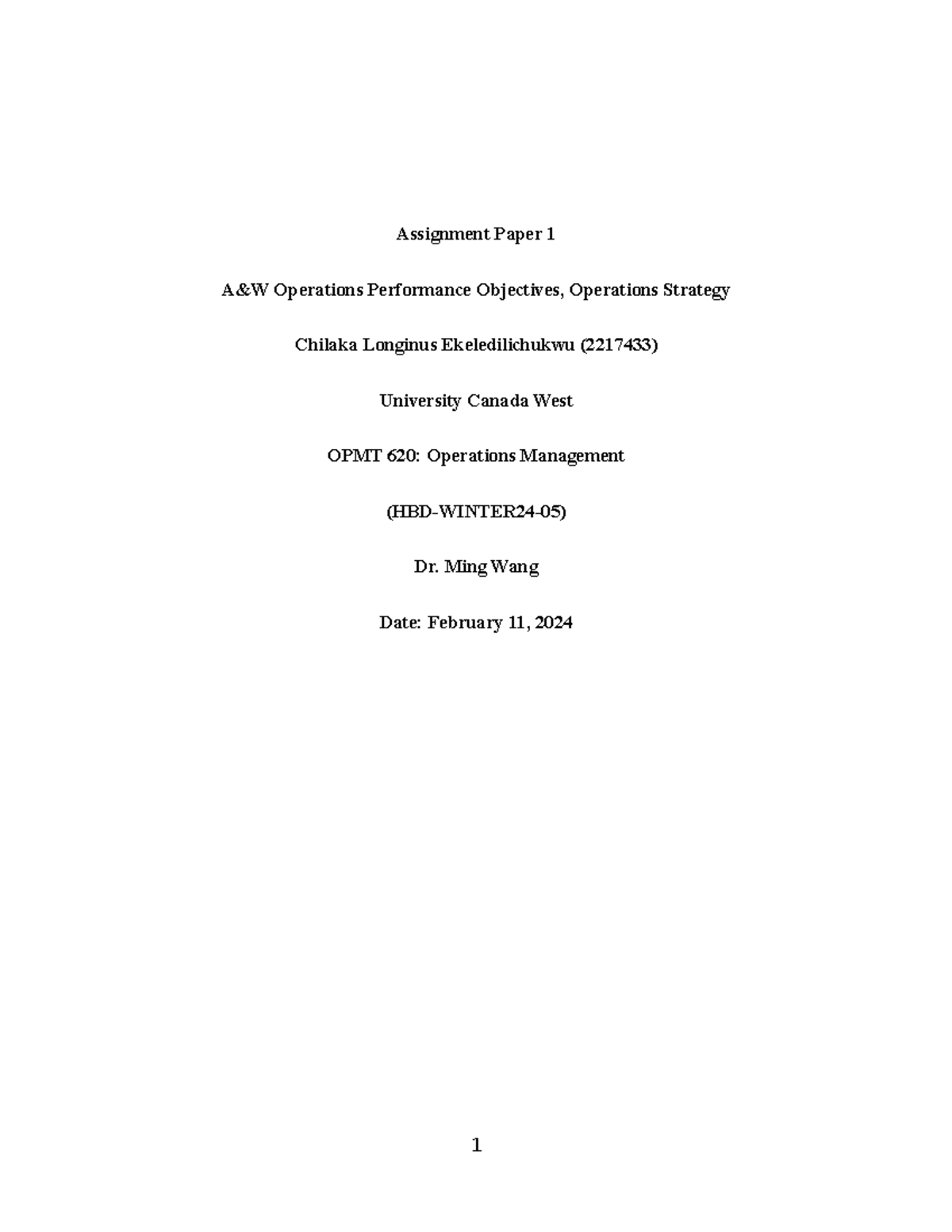 Assignment Paper A&W Operation performance objectives and strategy ...