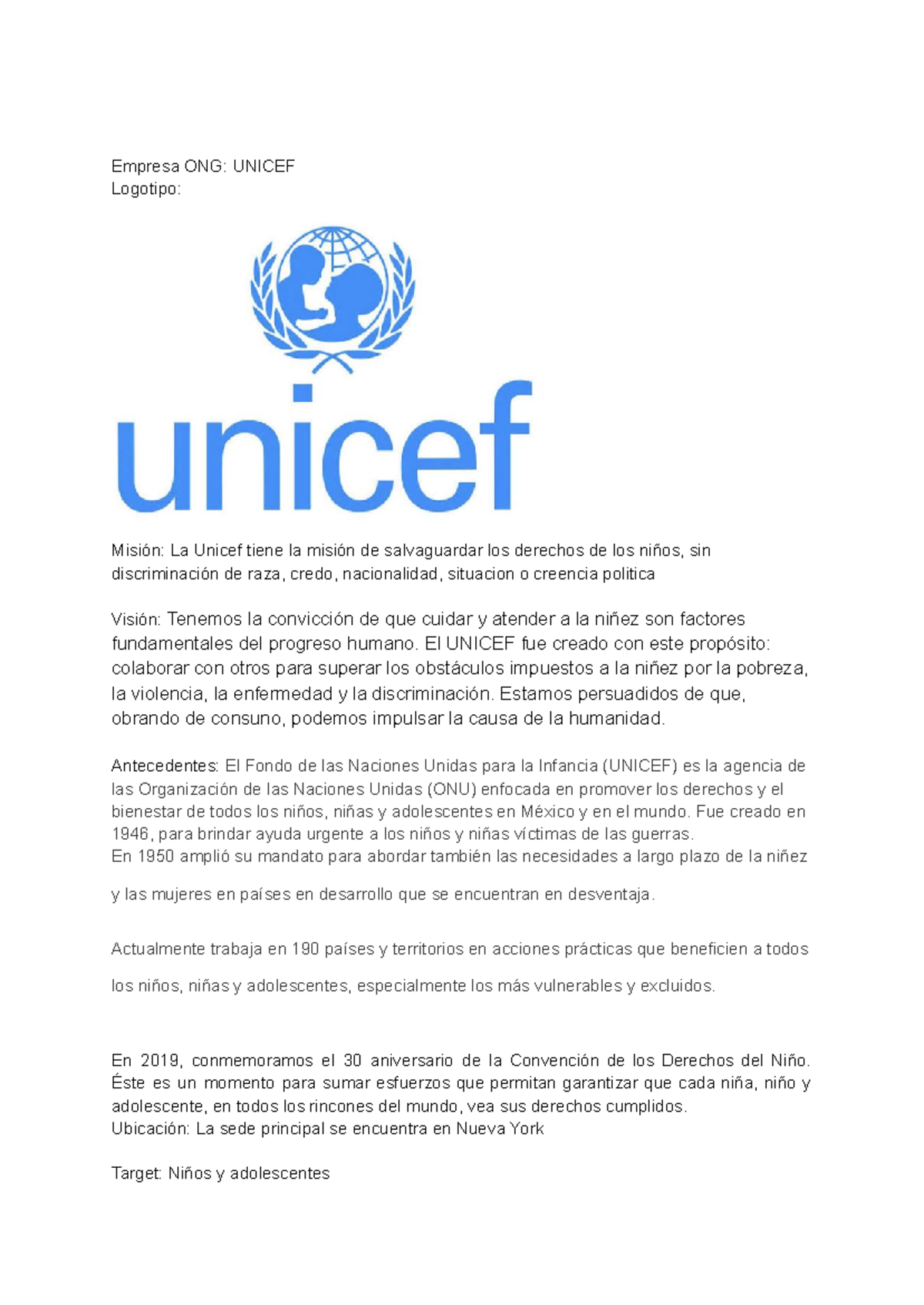 Actividad 4 Enfoque de la mercadotecnia - Empresa ONG: UNICEF Logotipo ...